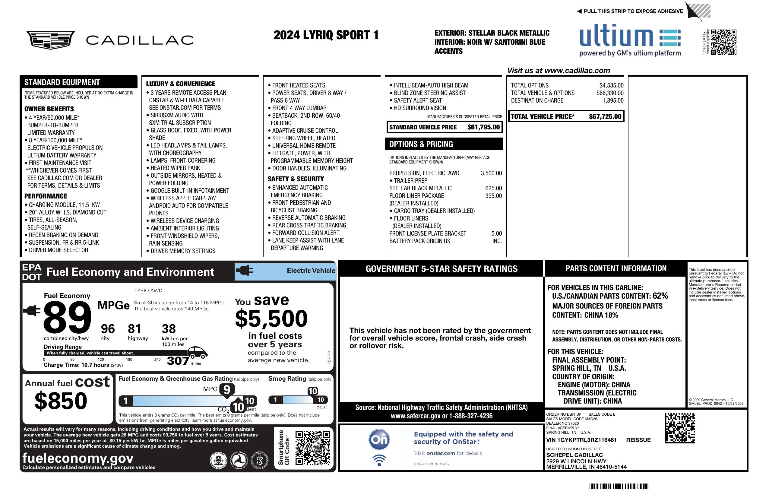 Window Sticker for 2024 Cadillac Lyriq 4dr Sport W/1 Sf