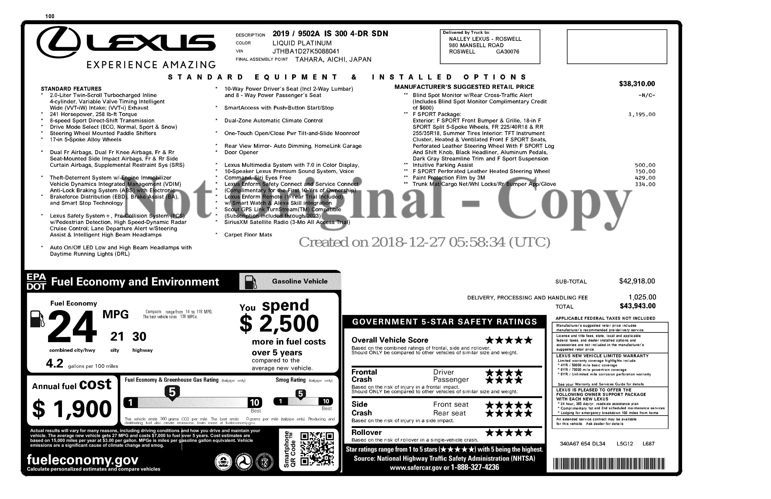 Window Sticker for 2019 Lexus Is 300 Rwd