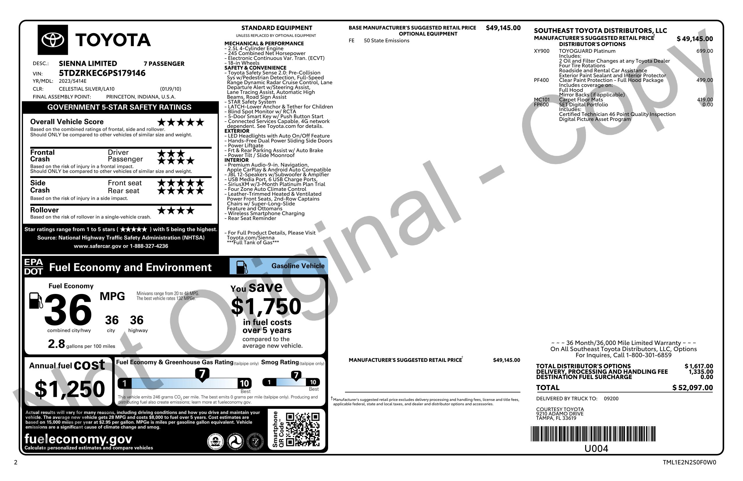 Window Sticker for 2023 Toyota Sienna Limited Fwd 7 Passenger (Natl)