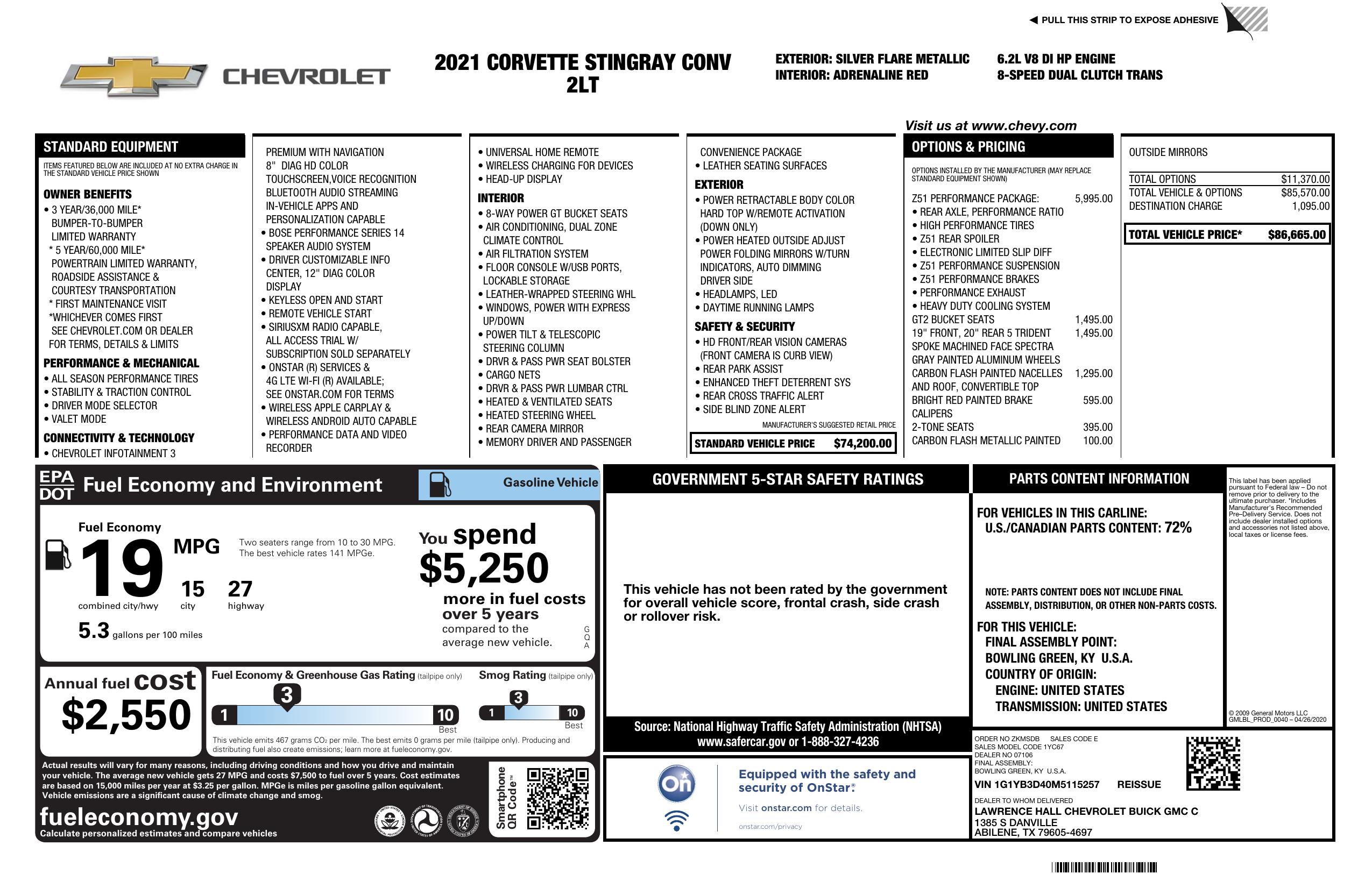 Window Sticker for 2021 Chevrolet Corvette 2dr Stingray Conv W/2 Lt