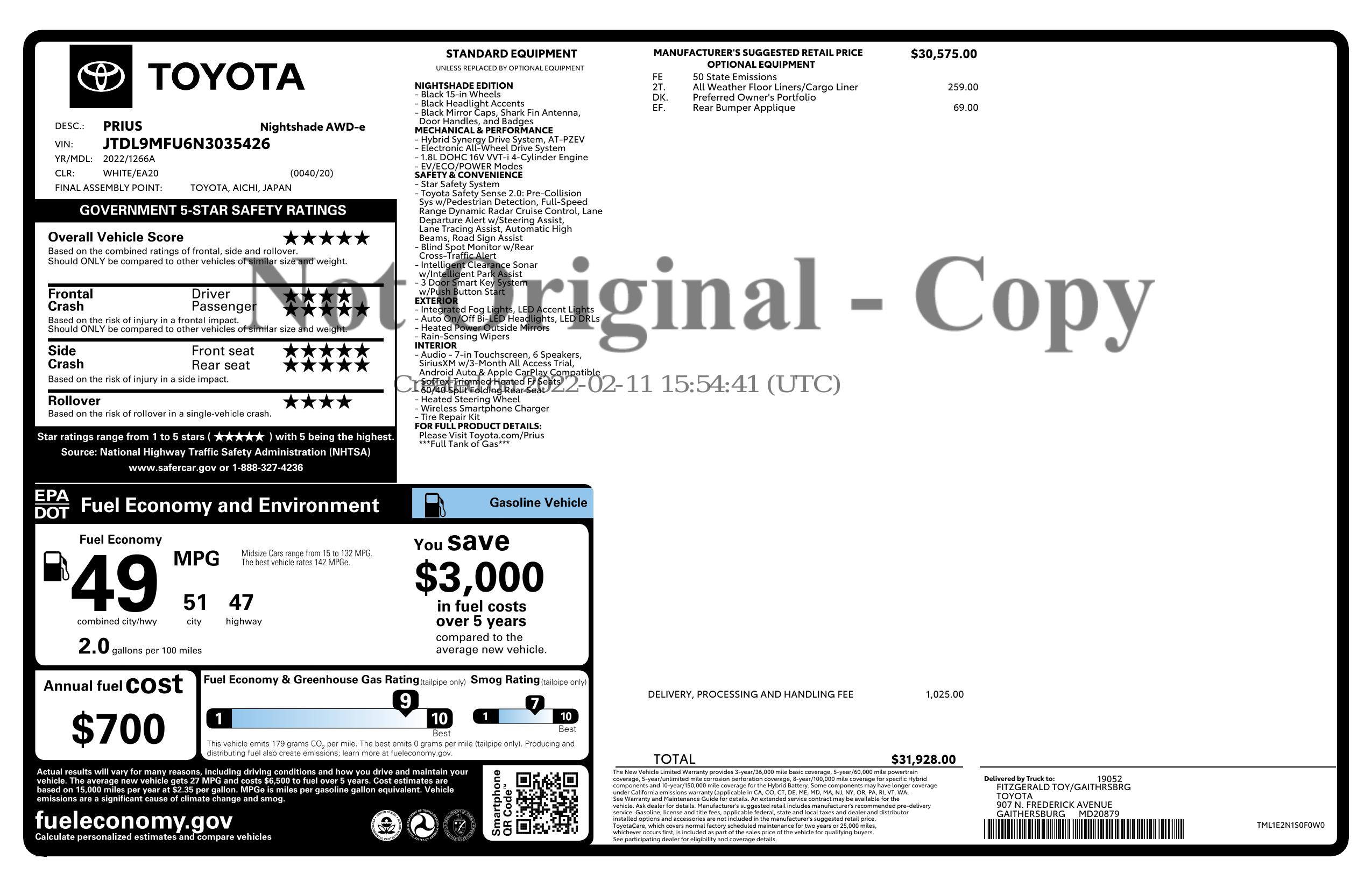 Window Sticker for 2022 Toyota Prius Awd E (Natl)