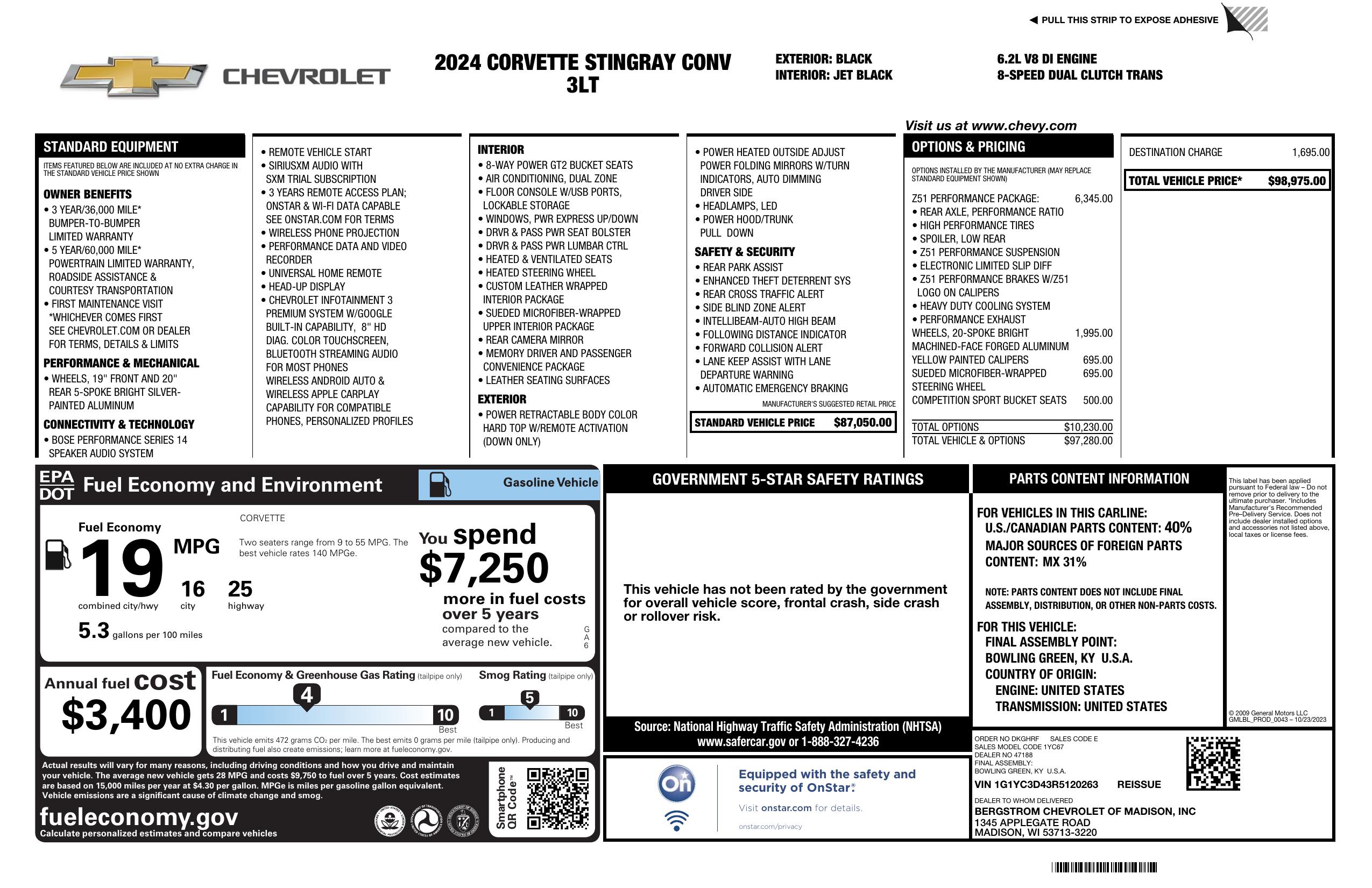Window Sticker for 2024 Chevrolet Corvette 2dr Stingray Conv W/3 Lt