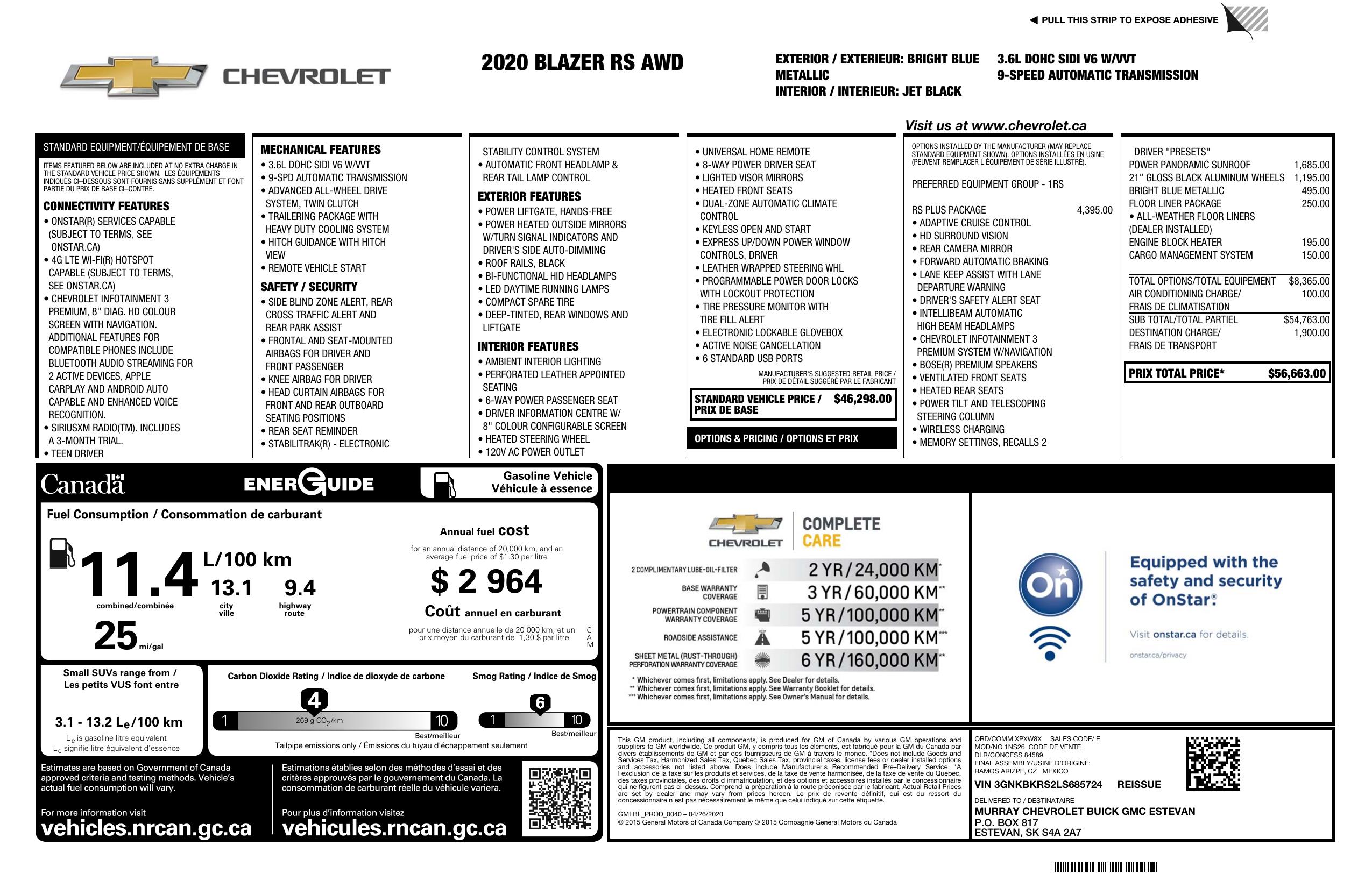 Window Sticker for 2020 Chevrolet Blazer Awd 4dr Rs