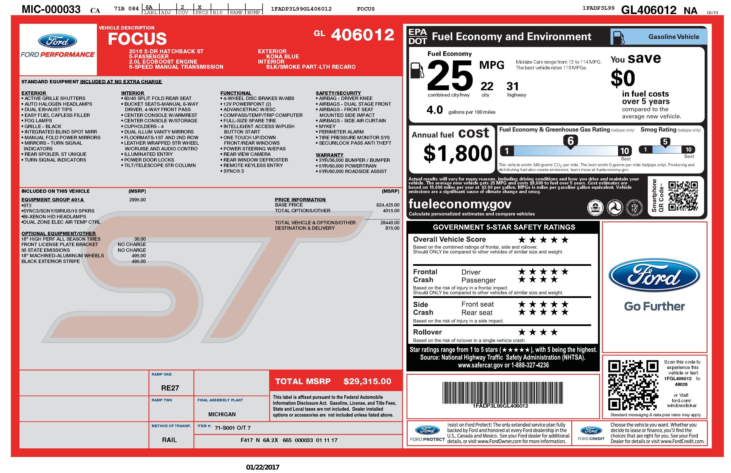 Window Sticker for 2016 Ford Focus 5dr Hb St