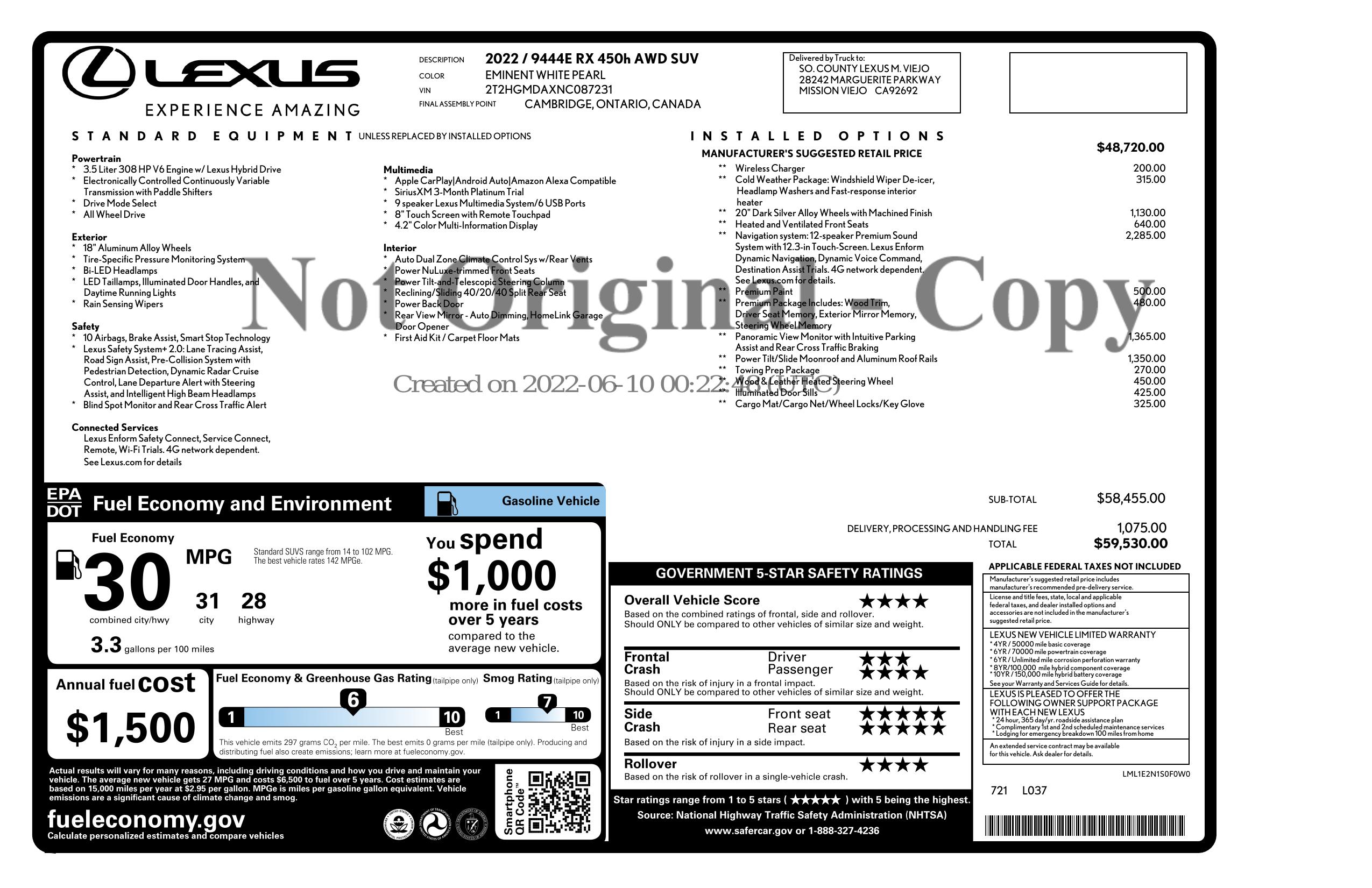 Window Sticker for 2022 Lexus Rx Rx 450h Awd