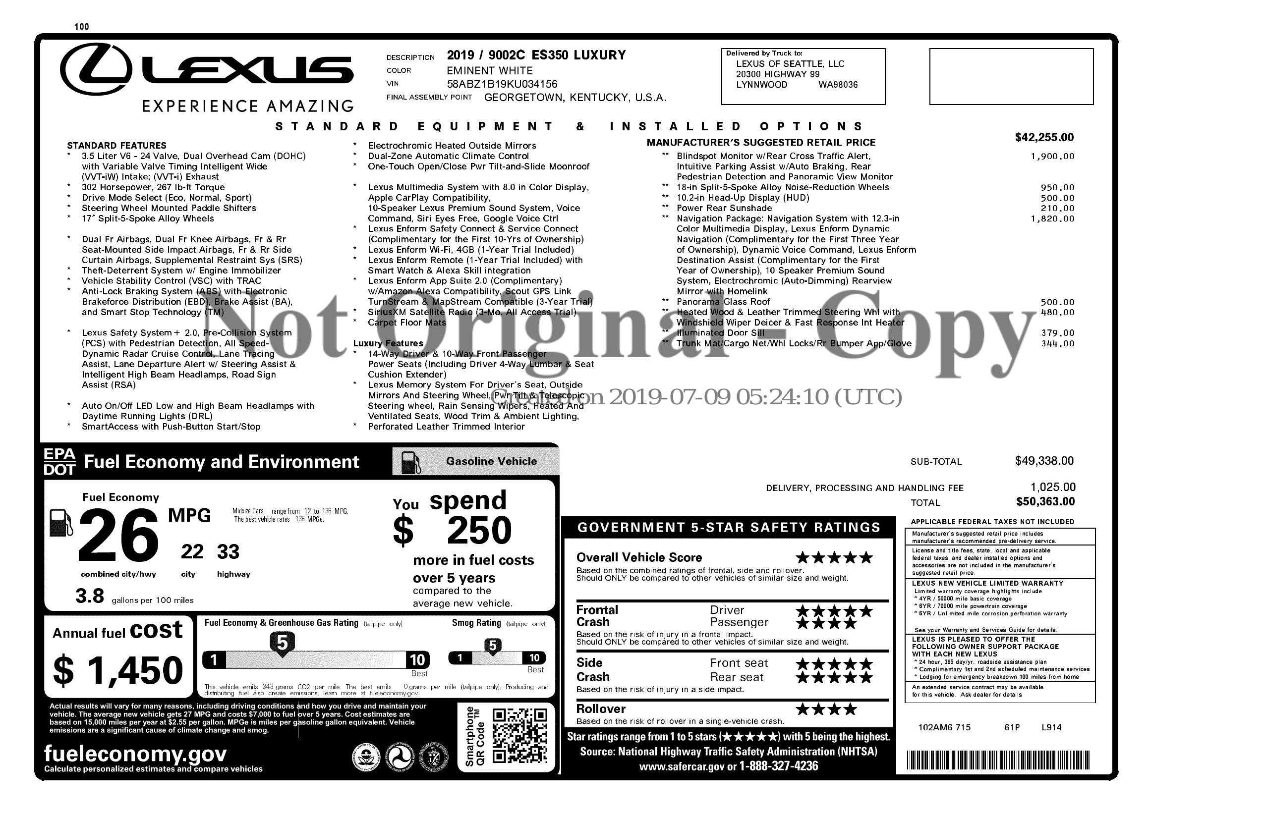Window Sticker for 2019 Lexus Es 350 Fwd