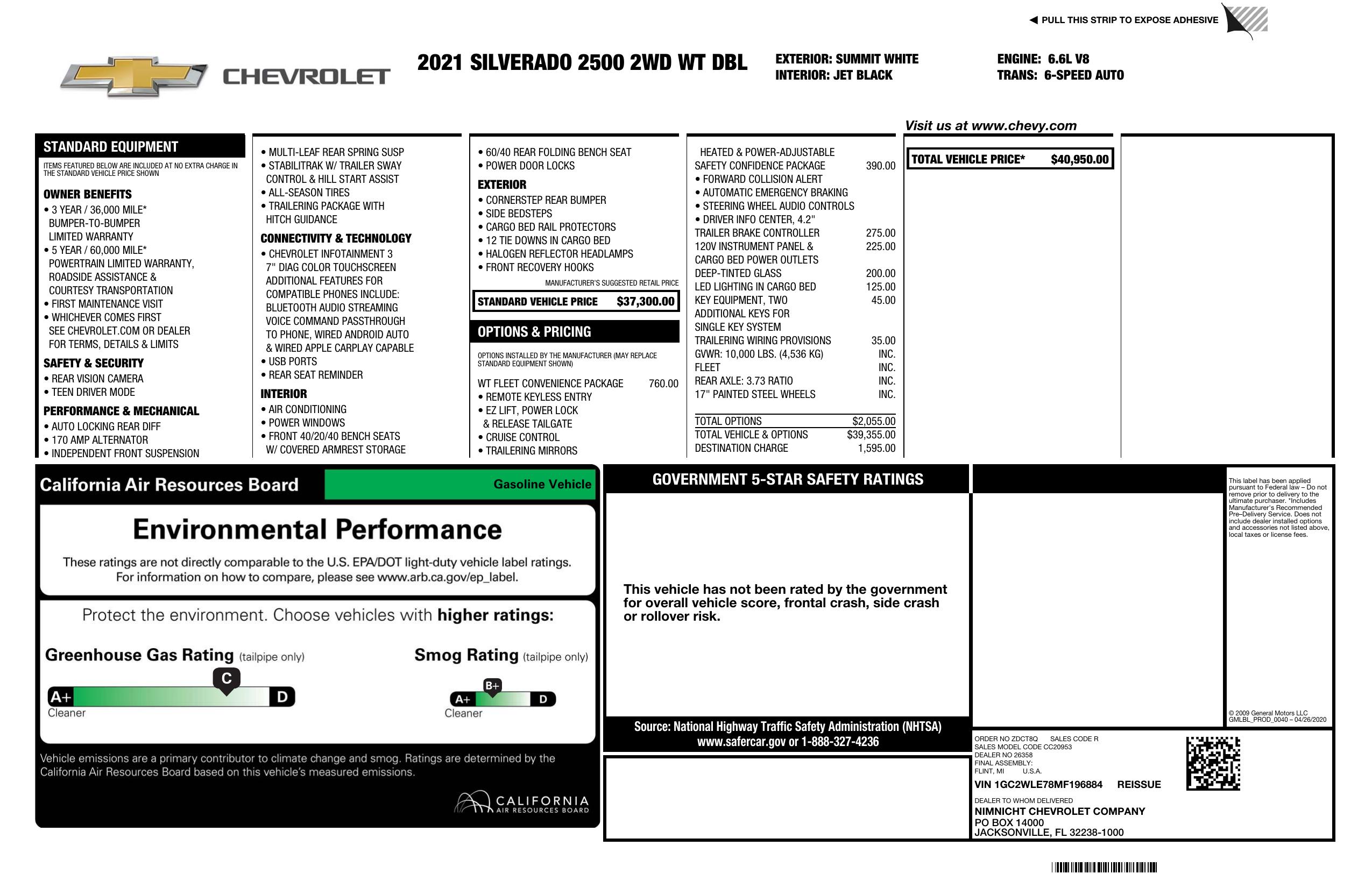 Window Sticker for 2021 Chevrolet Silverado 2500 Hd 2 Wd Double Cab 162 ...