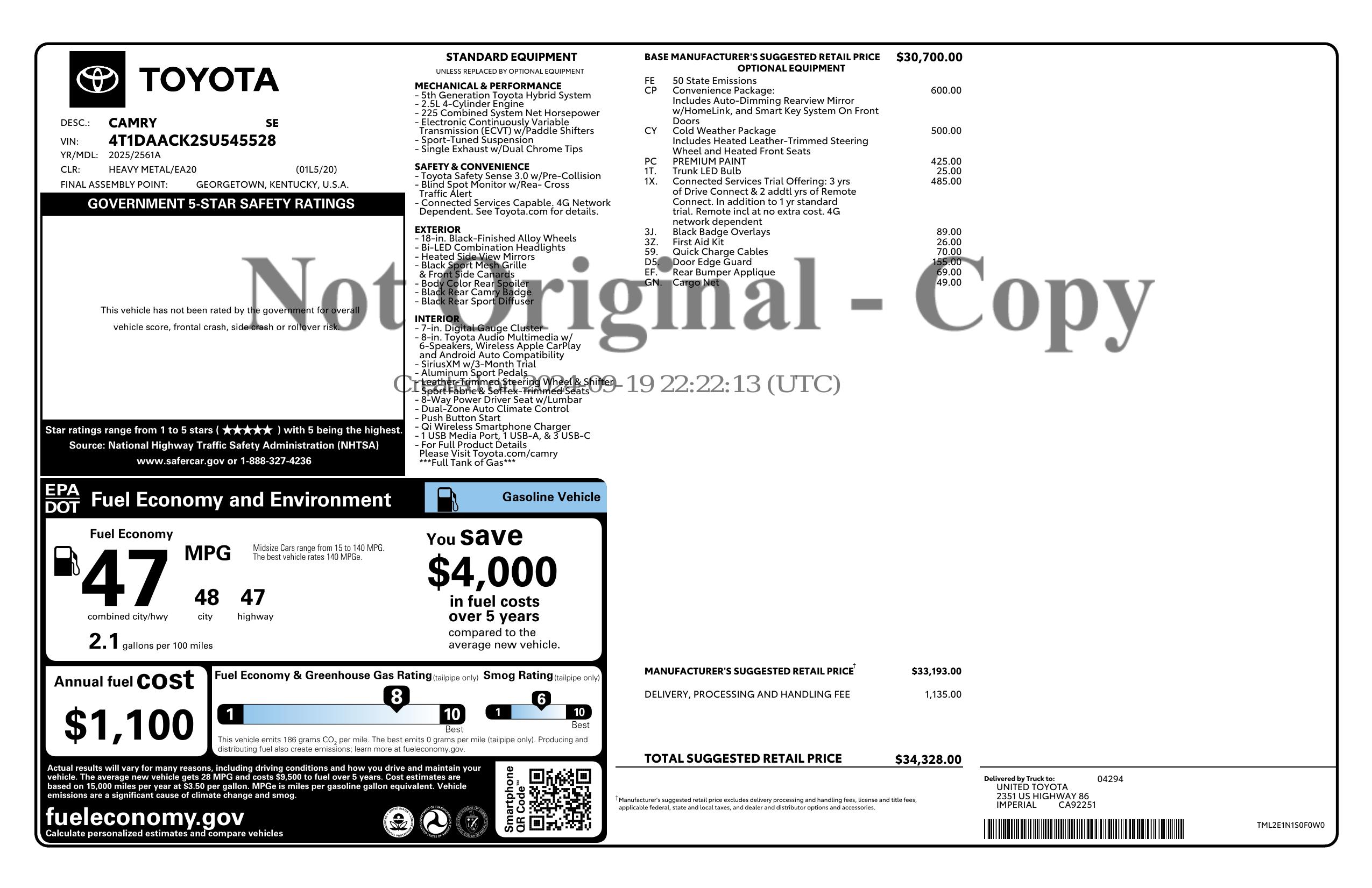 Window Sticker for 2025 Toyota Camry (Natl)