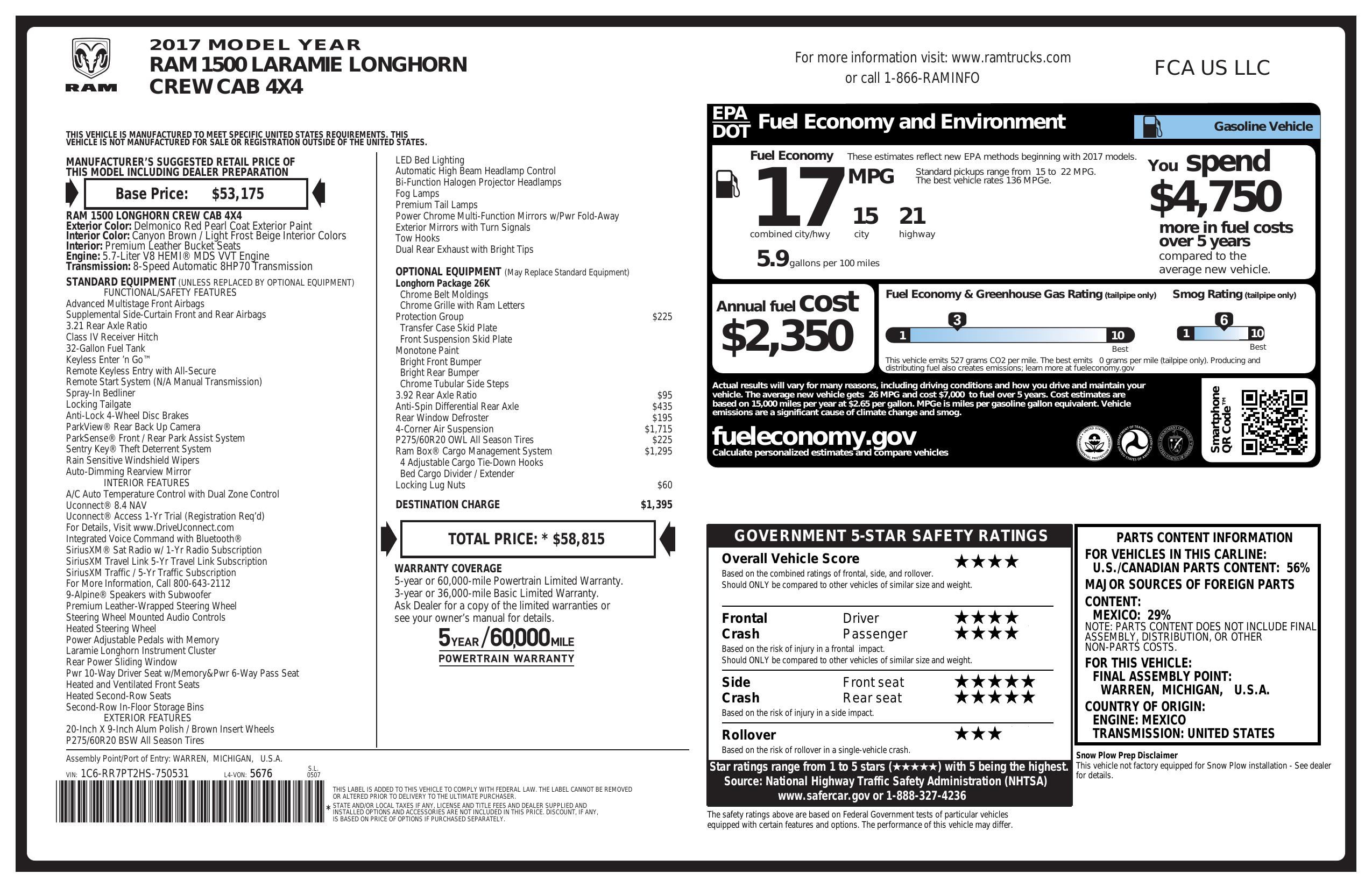 Window Sticker for 2017 Ram 1500 Longhorn 4x4 Crew Cab 5'7" Box