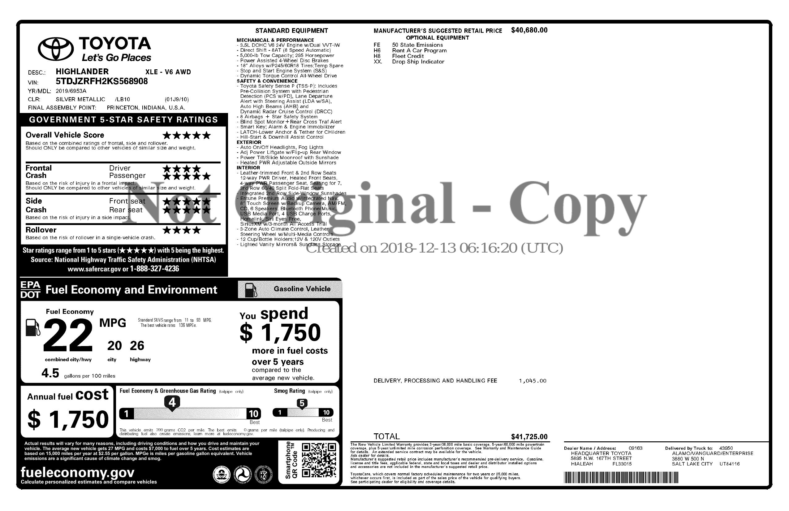 Window Sticker for 2019 Toyota Highlander V6 Awd (Natl)