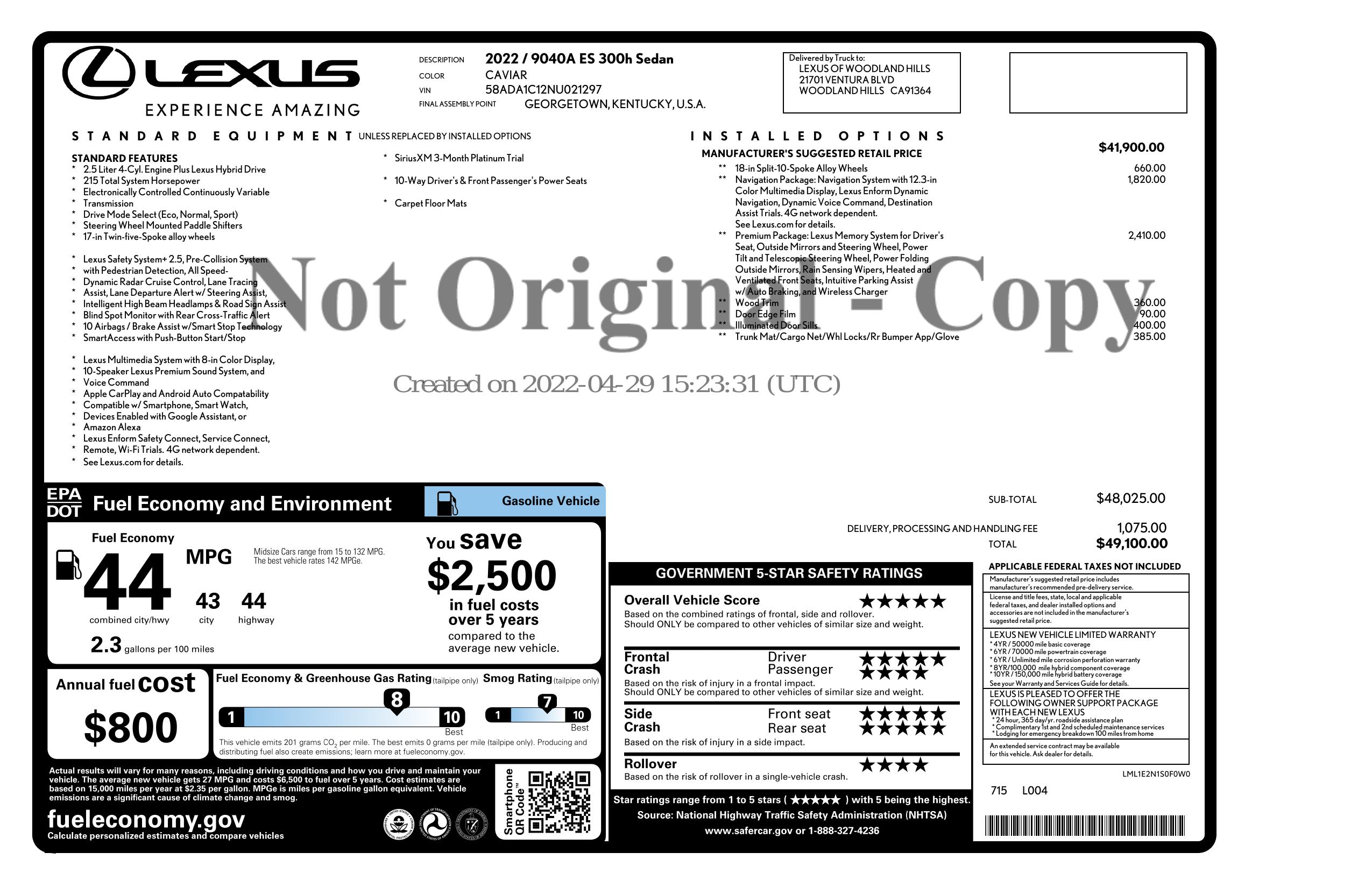 Window Sticker for 2022 Lexus Es Es 300h Fwd