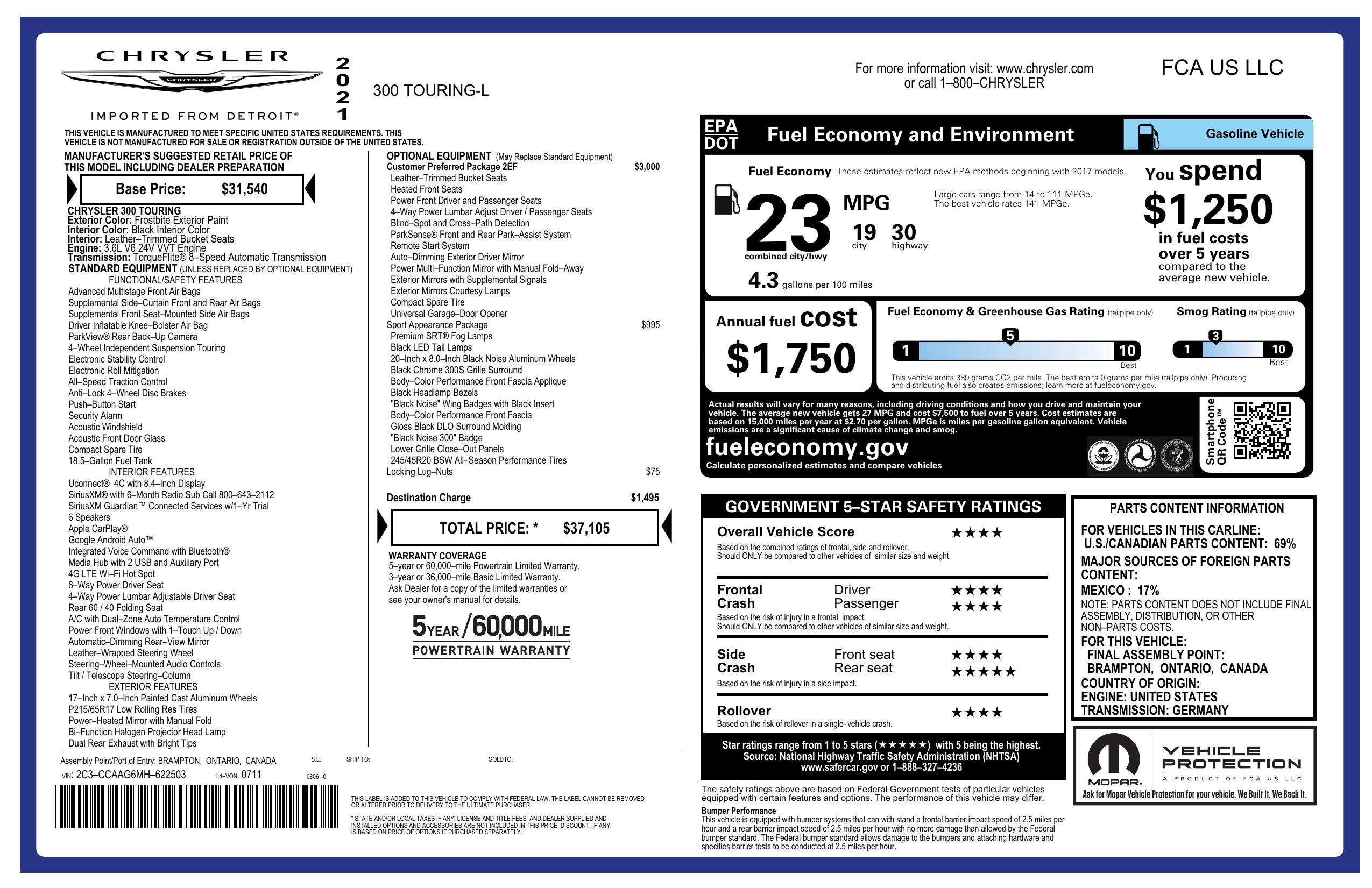 Window Sticker for 2021 Chrysler 300 Touring L Rwd