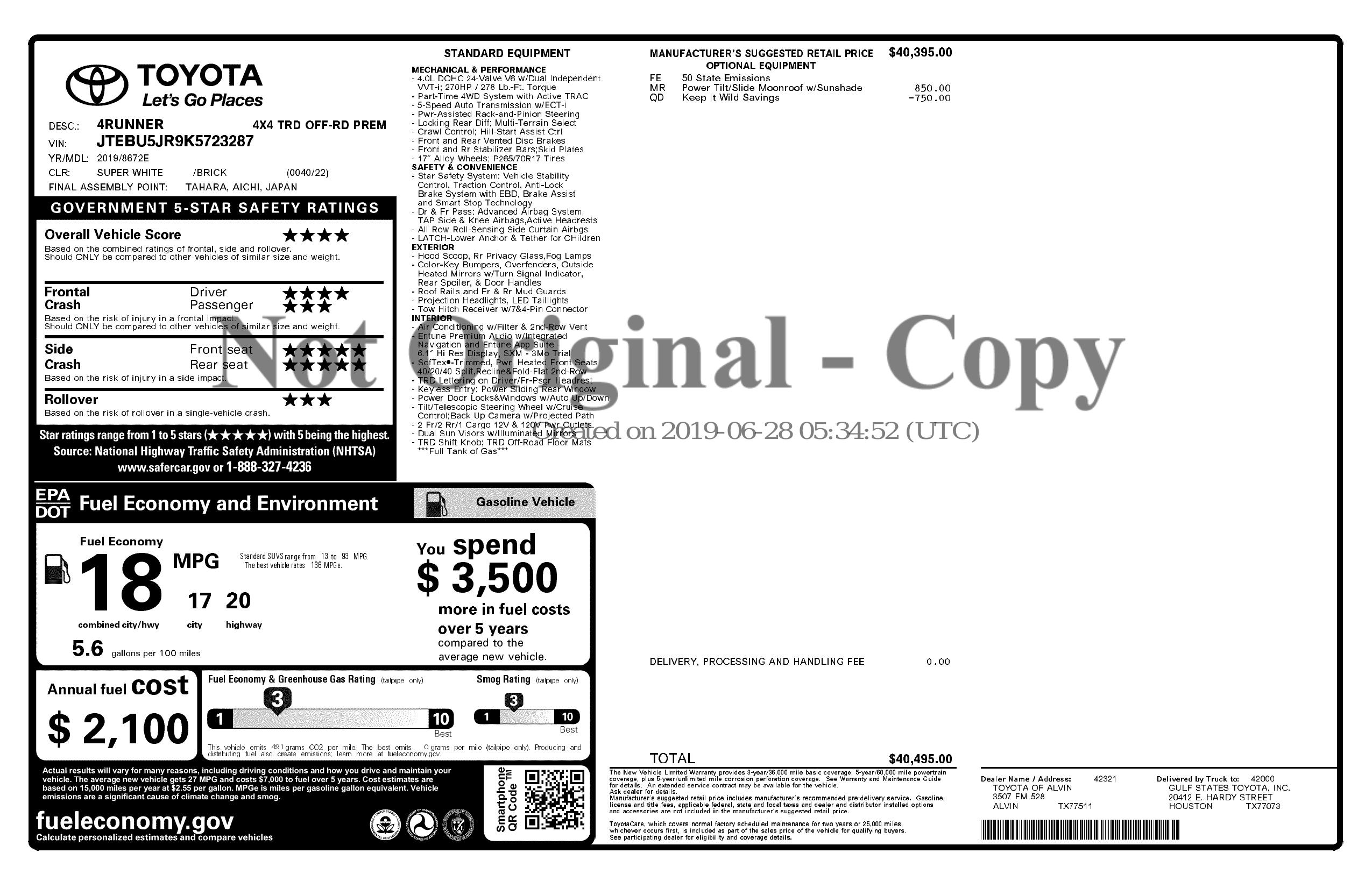 Window Sticker for 2019 Toyota 4 Runner 4 Wd (Natl)