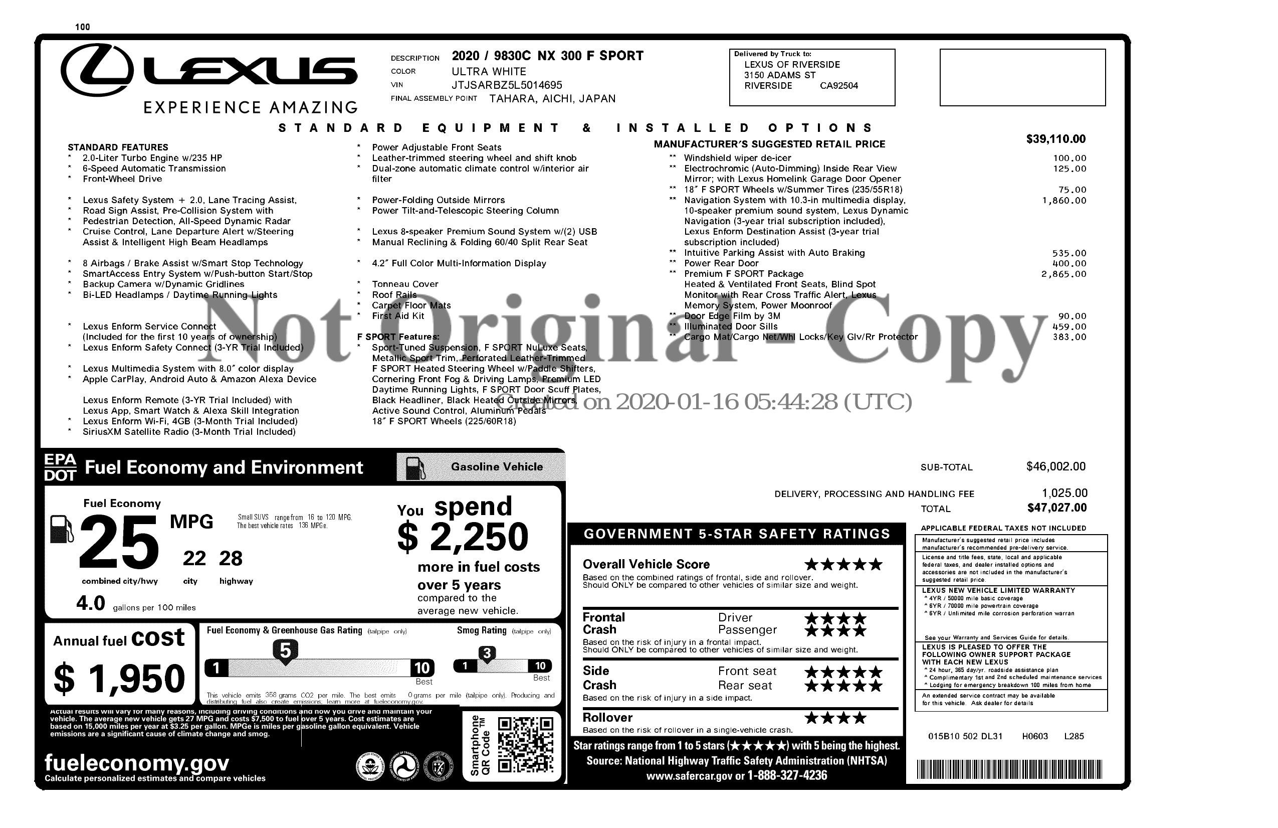 Window Sticker for 2020 Lexus Nx Nx 300 F Sport Fwd