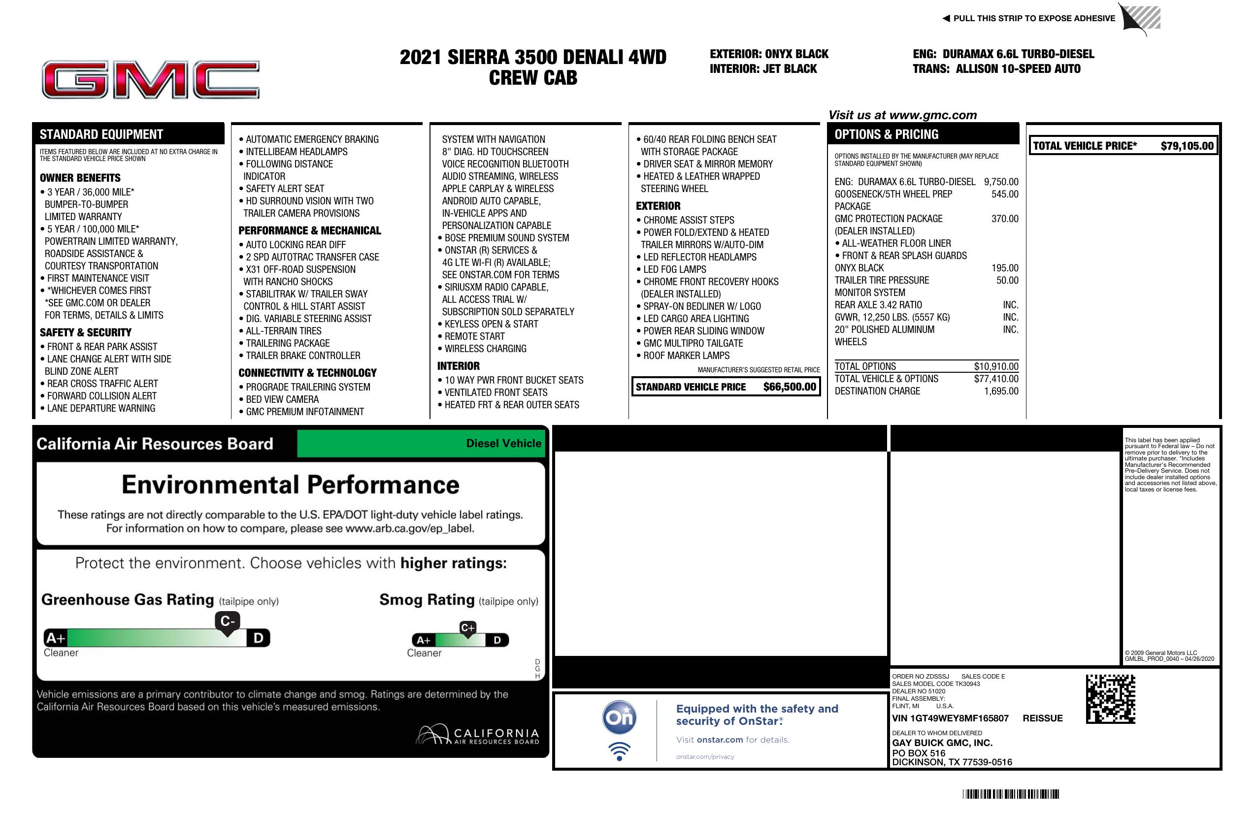 Window Sticker for 2021 GMC Sierra 3500 Hd 4 Wd Crew Cab 172" Denali