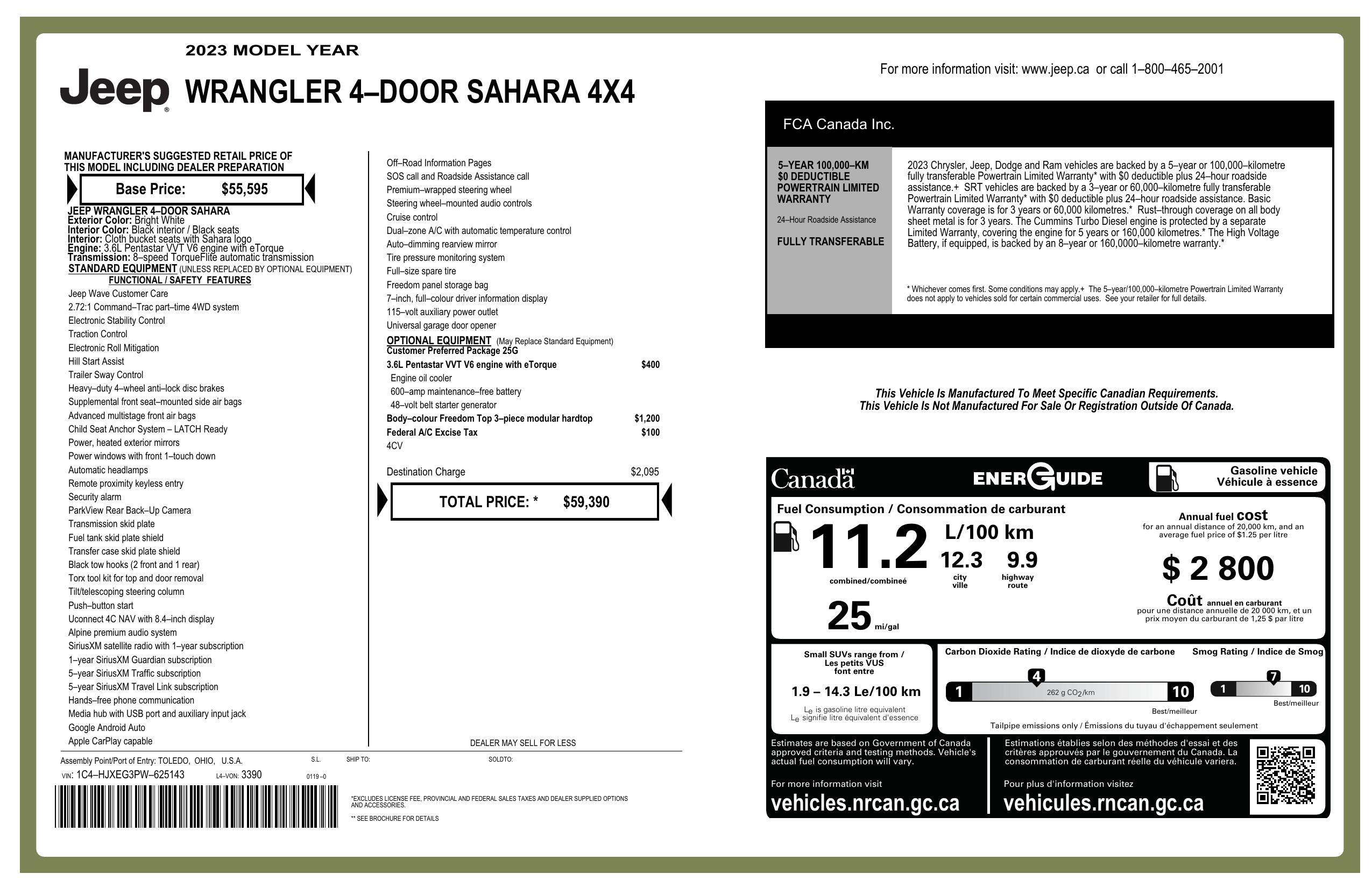 Window Sticker for 2023 Jeep Wrangler Sahara 4 Door 4x4