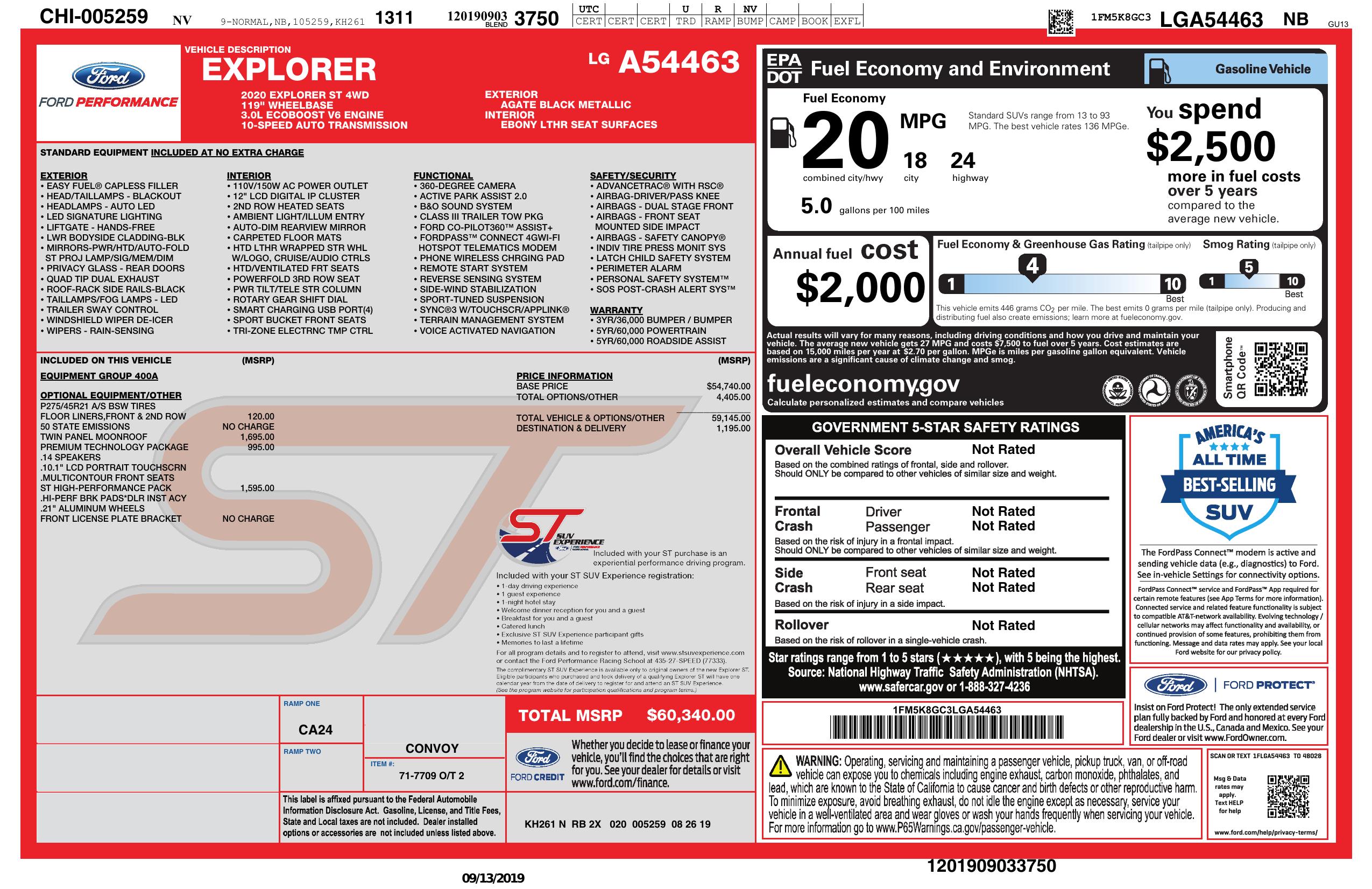 Window Sticker for 2020 Ford Explorer Awd St 4dr Suv