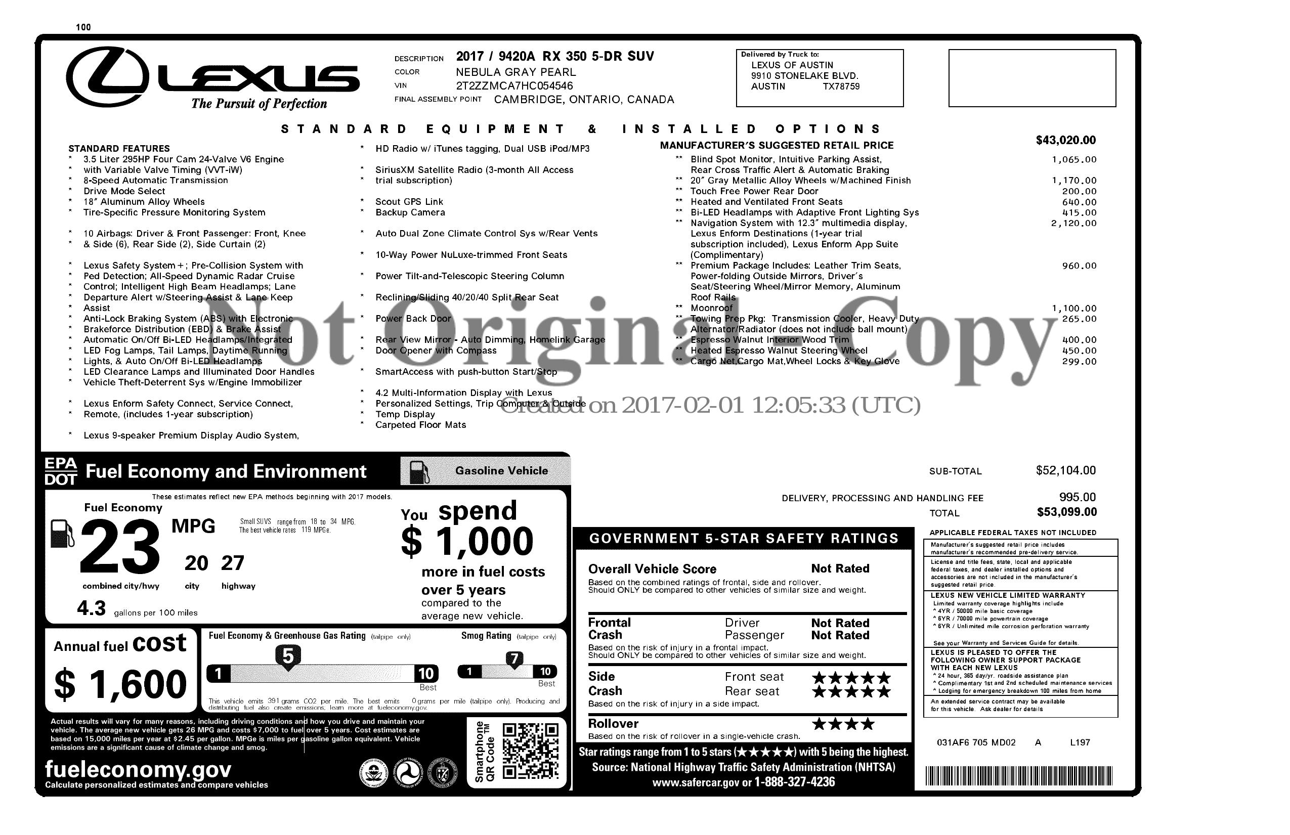 Window Sticker for 2017 Lexus Rx 350 Fwd