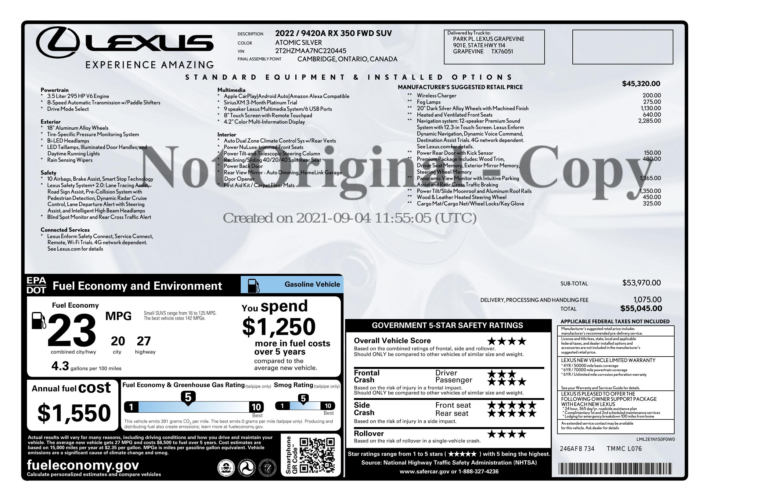 Window Sticker for 2022 Lexus Rx Rx 350 Fwd