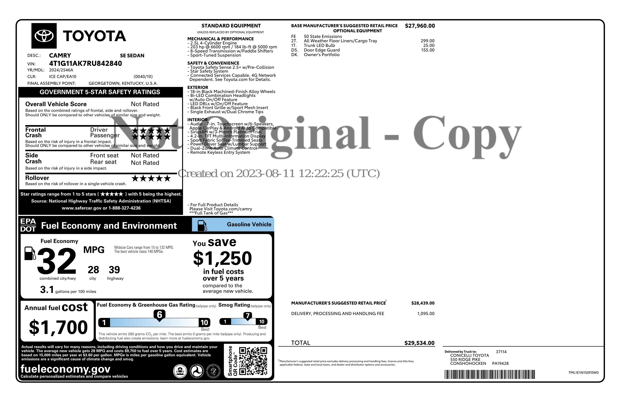 Window Sticker for 2024 Toyota Camry Se Auto (Natl)