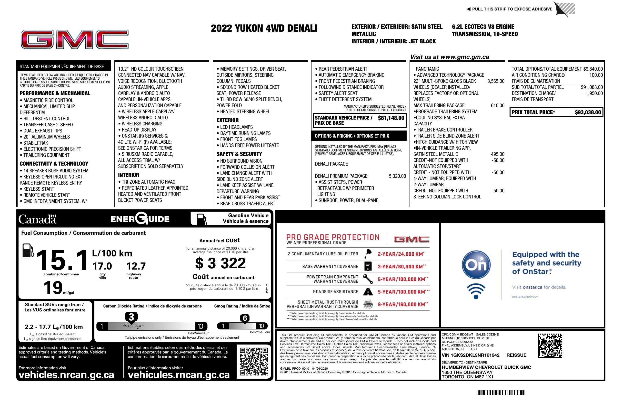 Window Sticker for 2022 GMC Yukon 4 Wd 4dr Denali