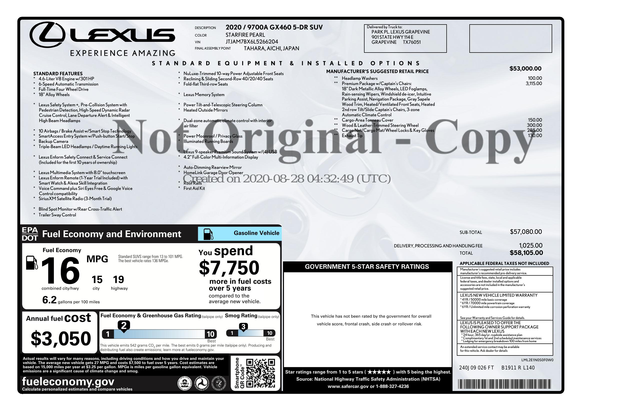 Window Sticker for 2020 Lexus Gx Gx 460 Premium 4 Wd