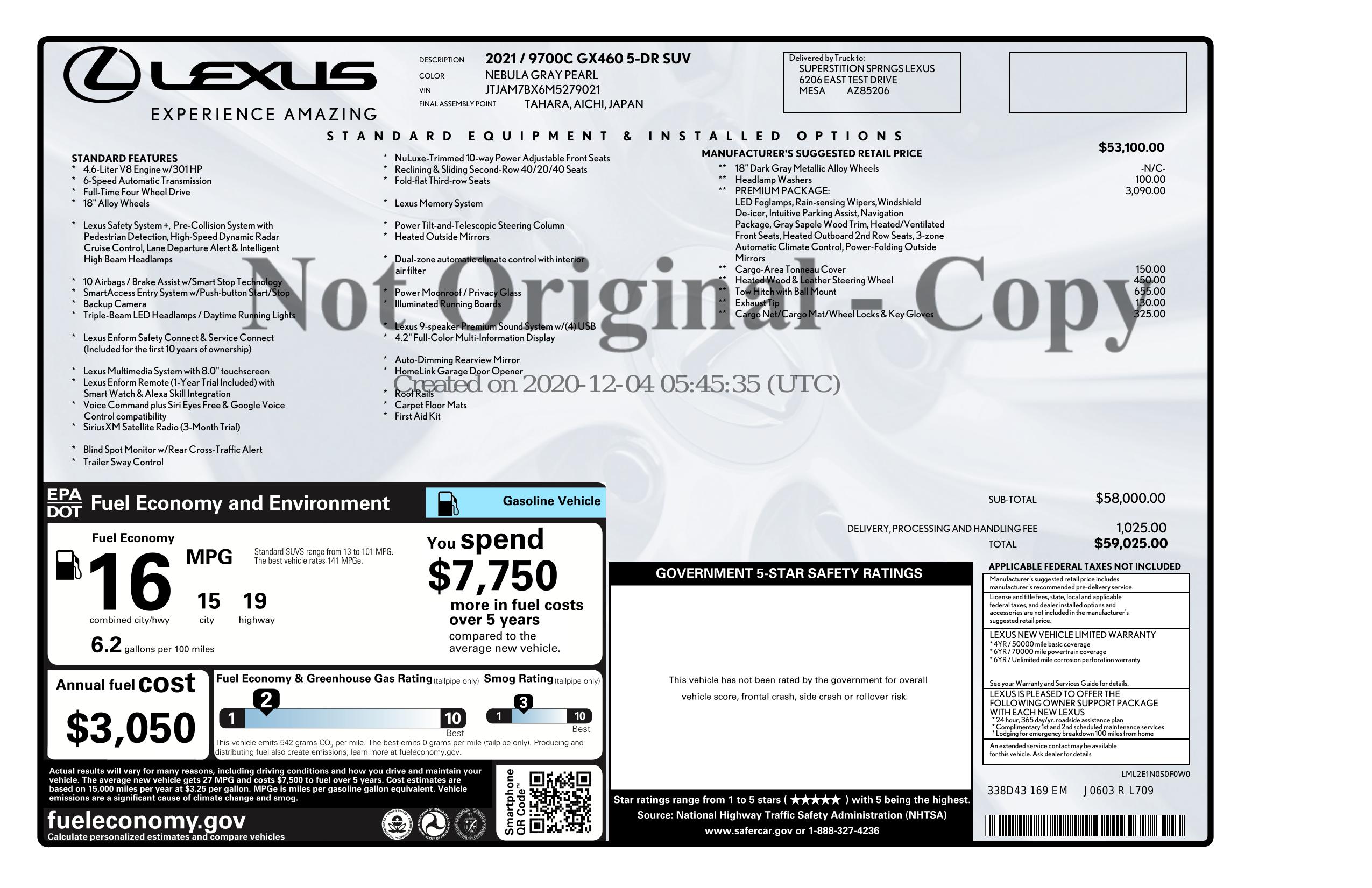 Window Sticker for 2021 Lexus Gx Gx 460 Premium 4 Wd