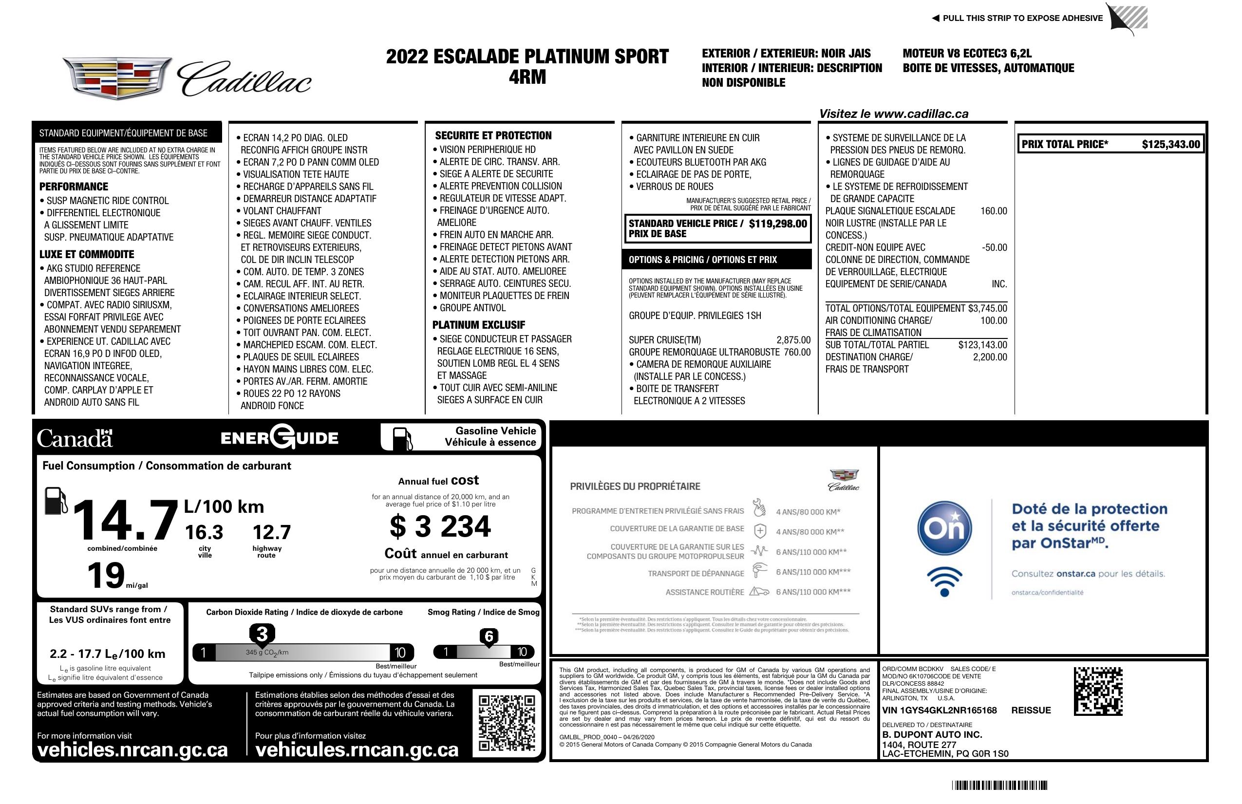 Window Sticker for 2022 Cadillac Escalade 4 Wd 4dr Sport Platinum