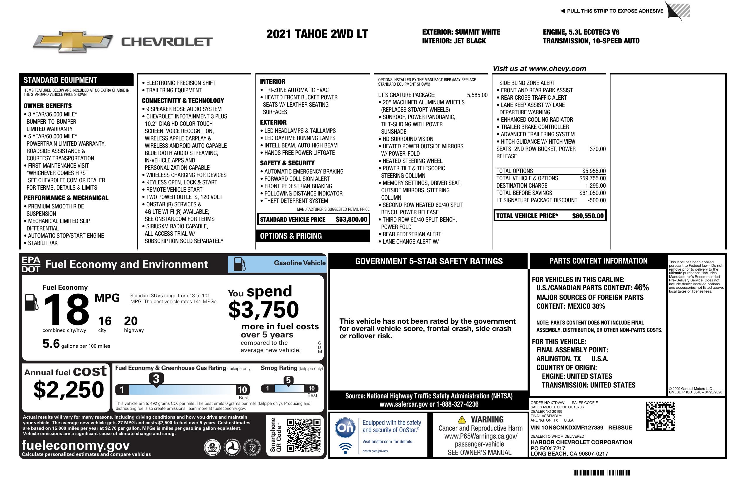 Window Sticker for 2021 Chevrolet Tahoe 2 Wd 4dr Lt