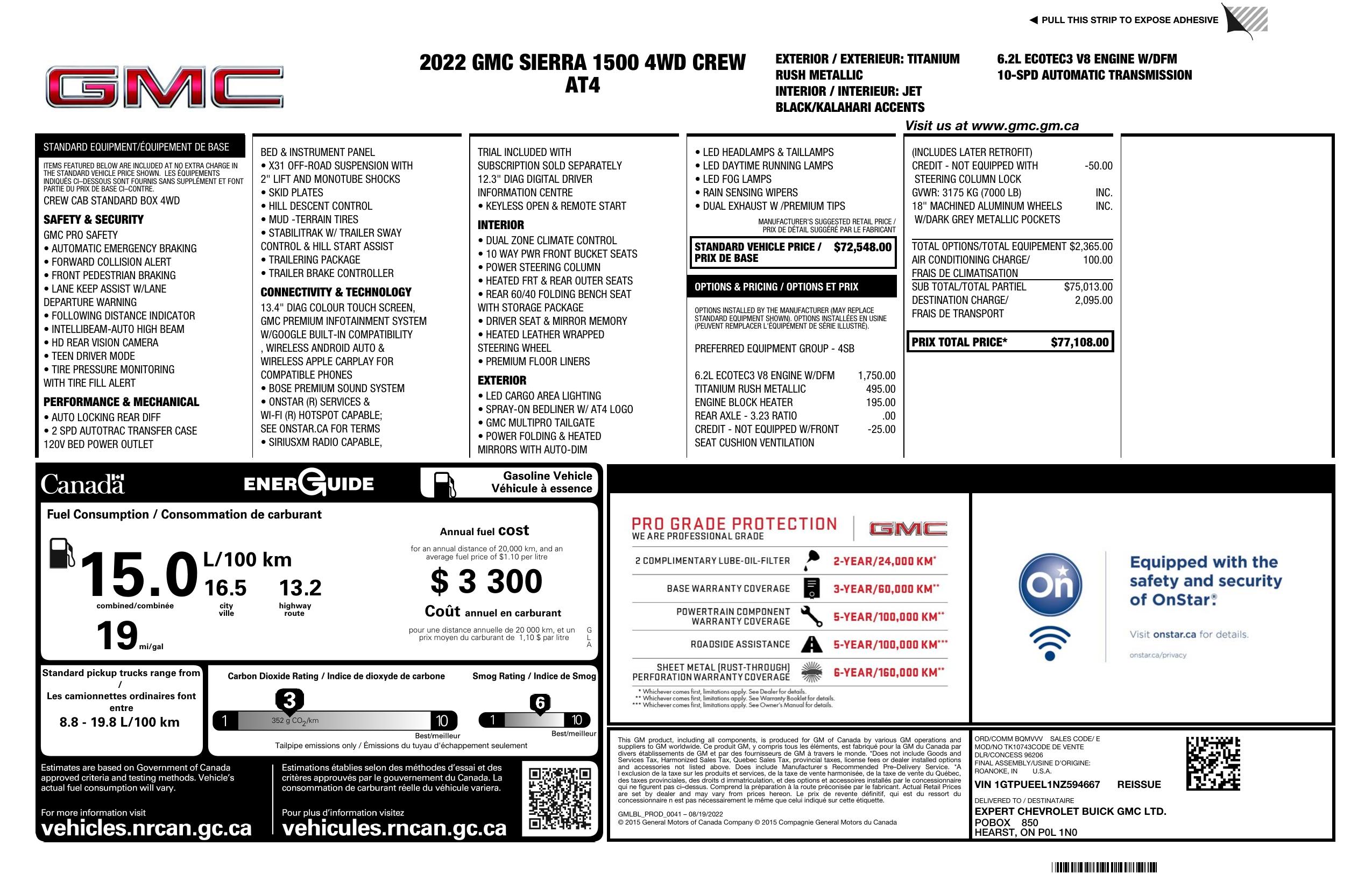 Window Sticker for 2022 GMC Sierra 1500 4 Wd Crew Cab At4