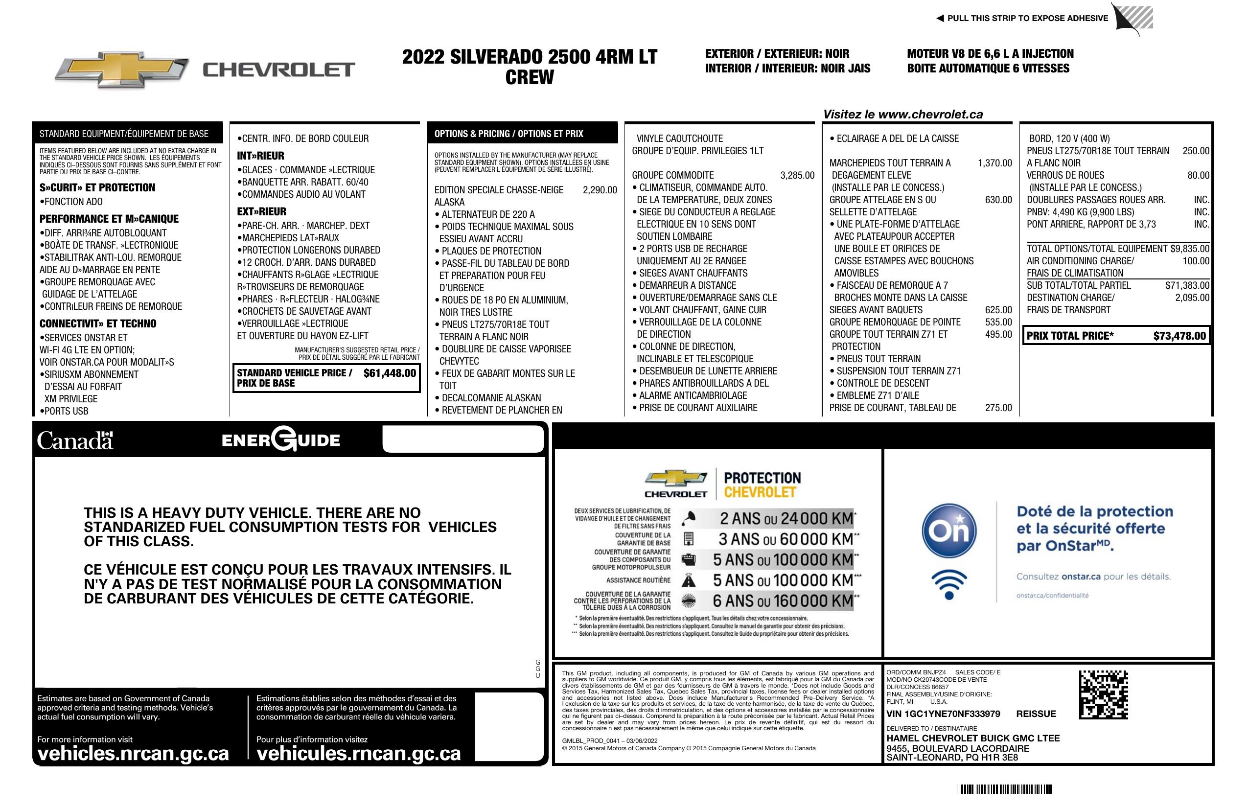 Window Sticker for 2022 Chevrolet Silverado 2500 Hd 4 Wd Crew Cab Lt