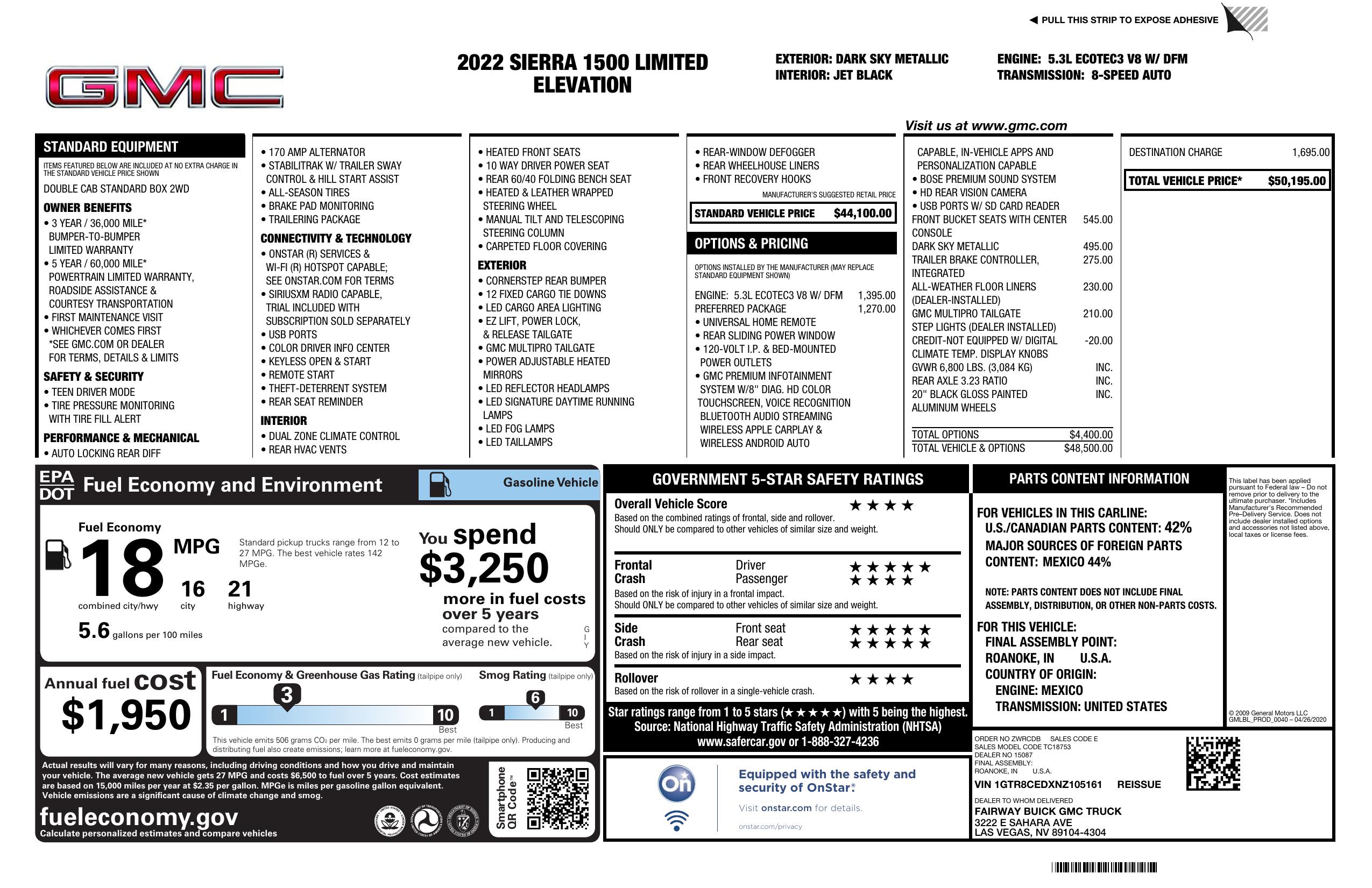 Window Sticker for 2022 GMC Sierra 1500 Limited 2 Wd Double Cab 147 ...