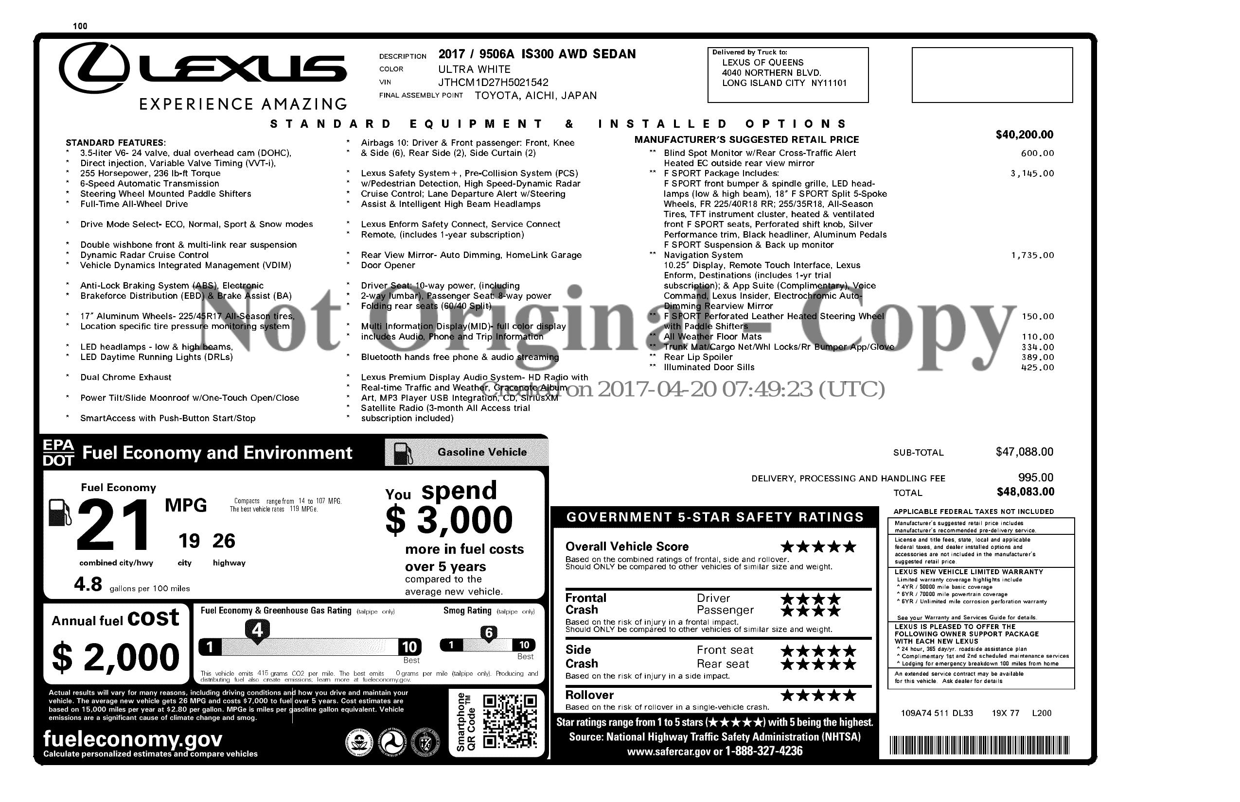 Window Sticker for 2017 Lexus Is 300 Awd