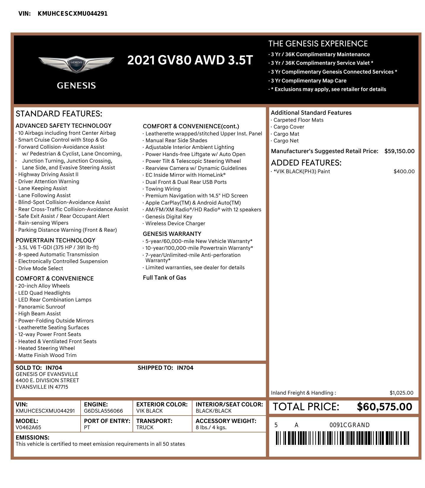 Window Sticker for 2021 Genesis Gv80 3.5 T Awd