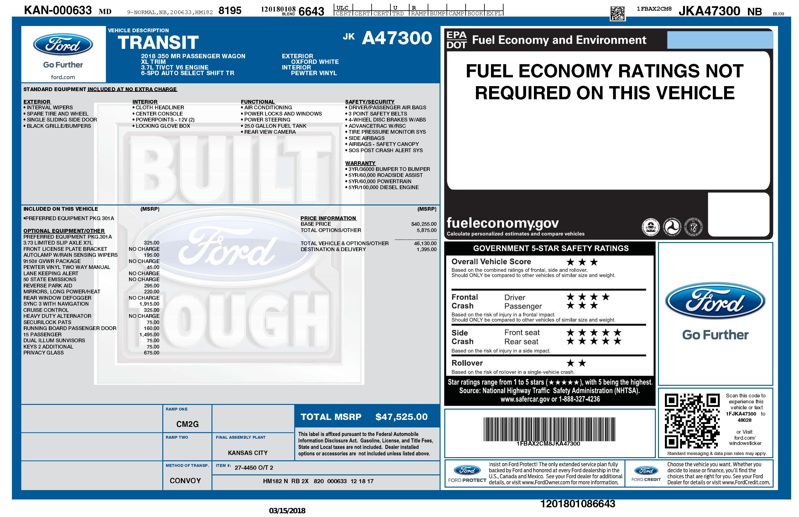 Window Sticker for 2018 Ford Transit Passenger Wagon 350 Xl 3dr Lwb ...