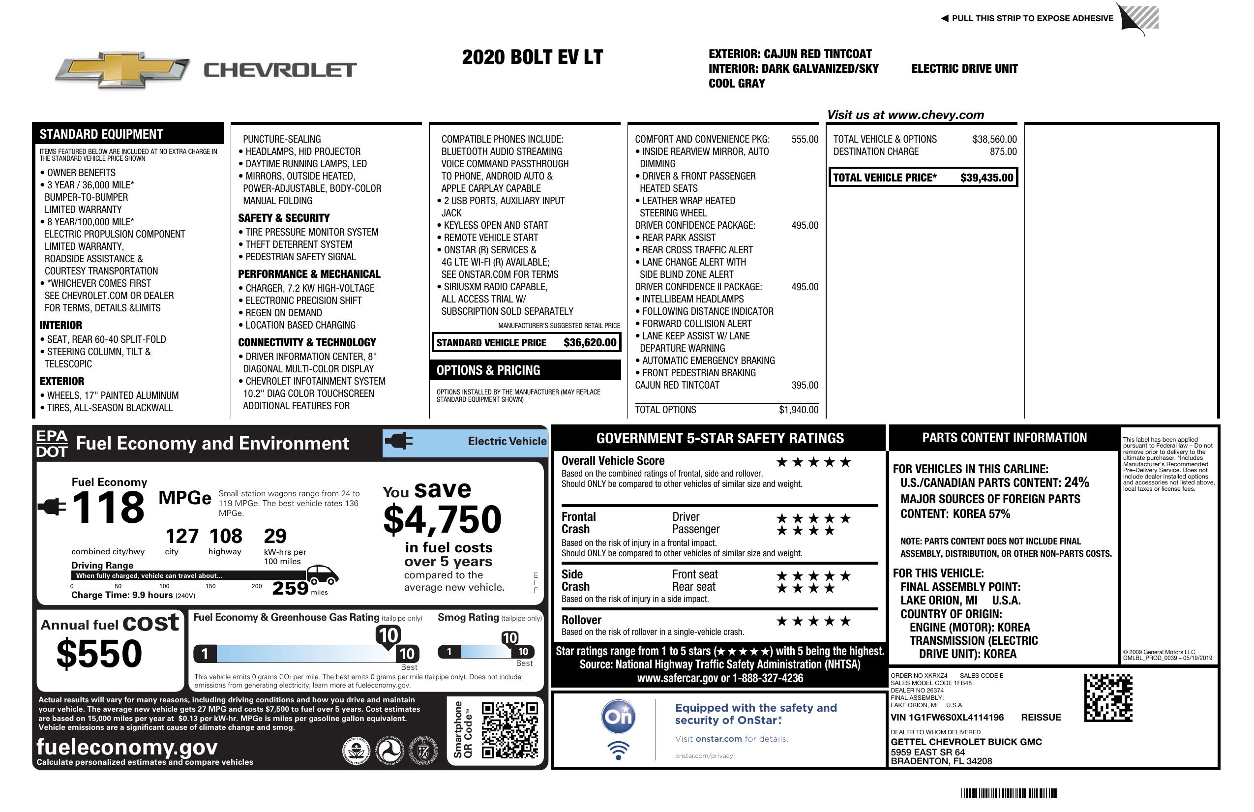 Window Sticker for 2020 Chevrolet Bolt Ev 5dr Wgn Lt