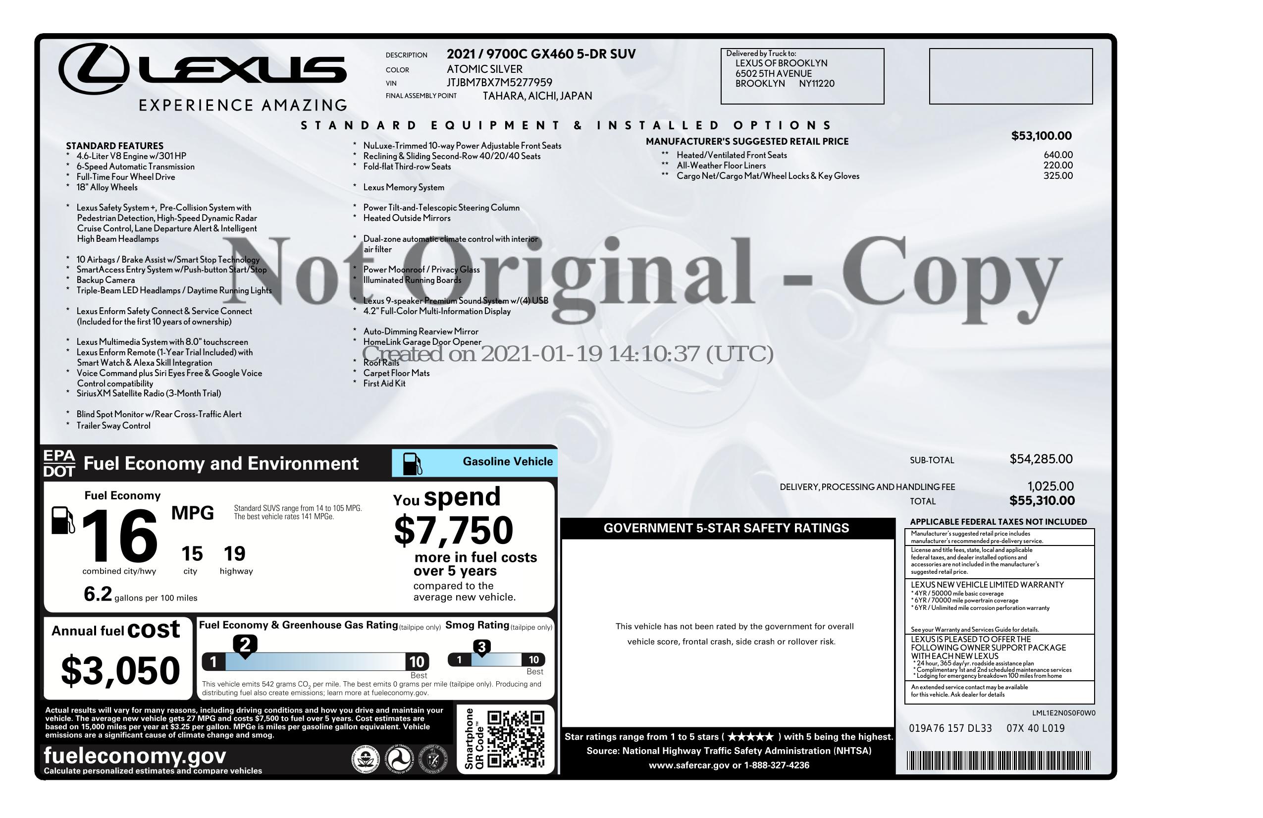 Window Sticker for 2021 Lexus Gx 460