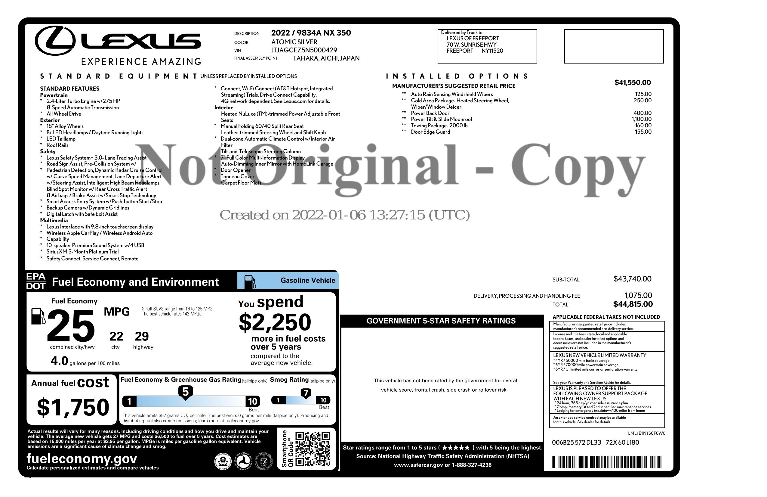 Window Sticker for 2022 Lexus Nx 350 Base