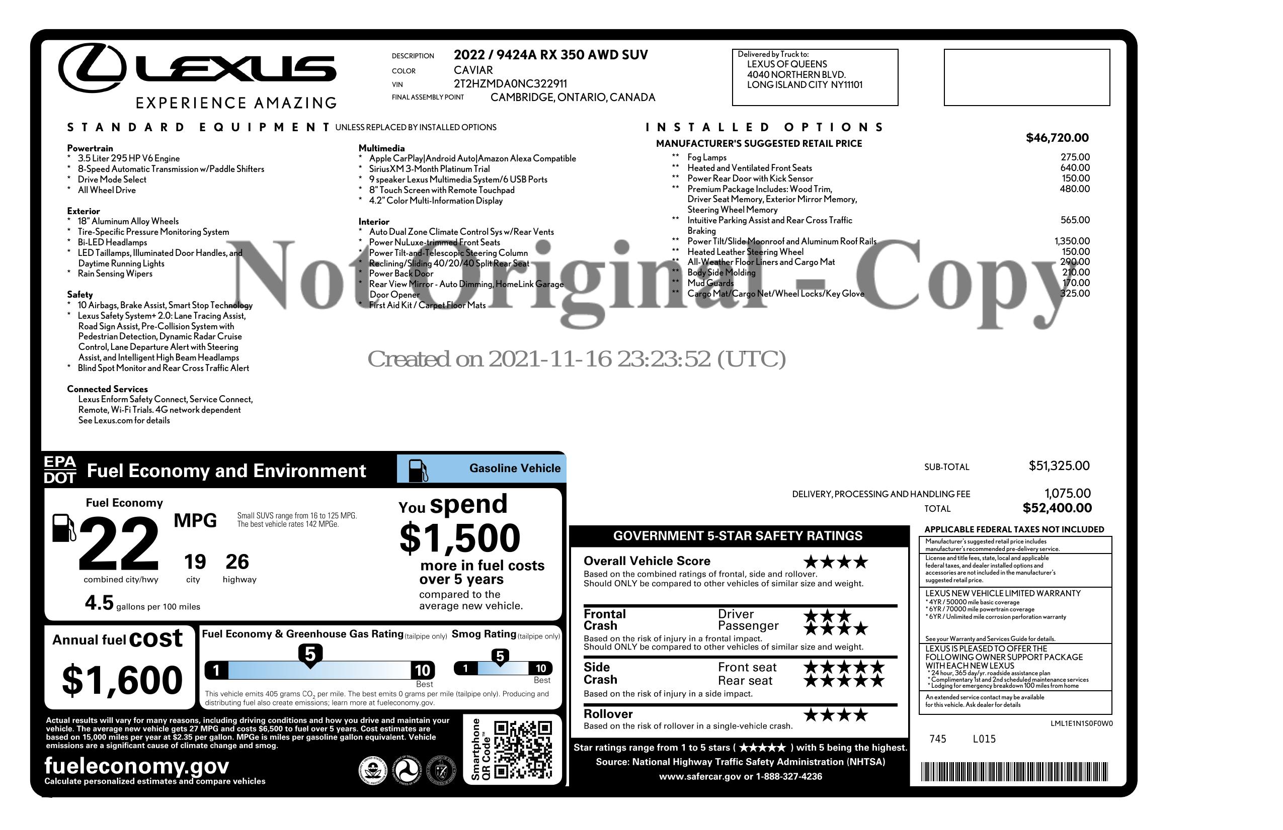 Window Sticker for 2022 Lexus Rx Rx 350 Awd