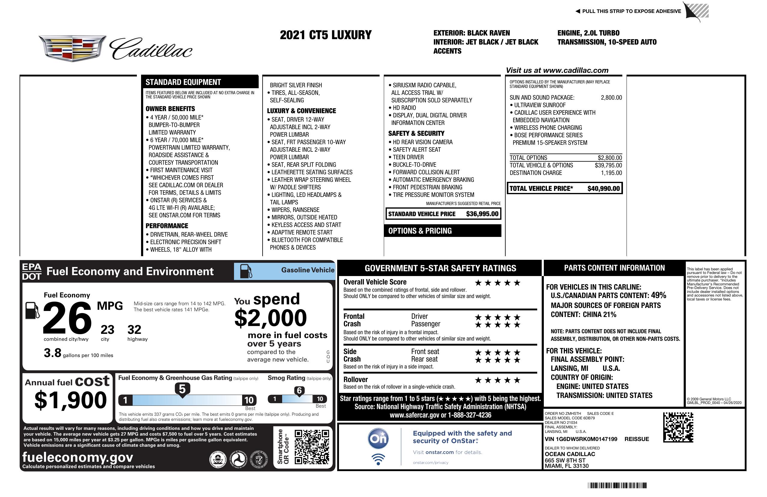 Window Sticker for 2021 Cadillac Ct5 4dr Sdn Luxury