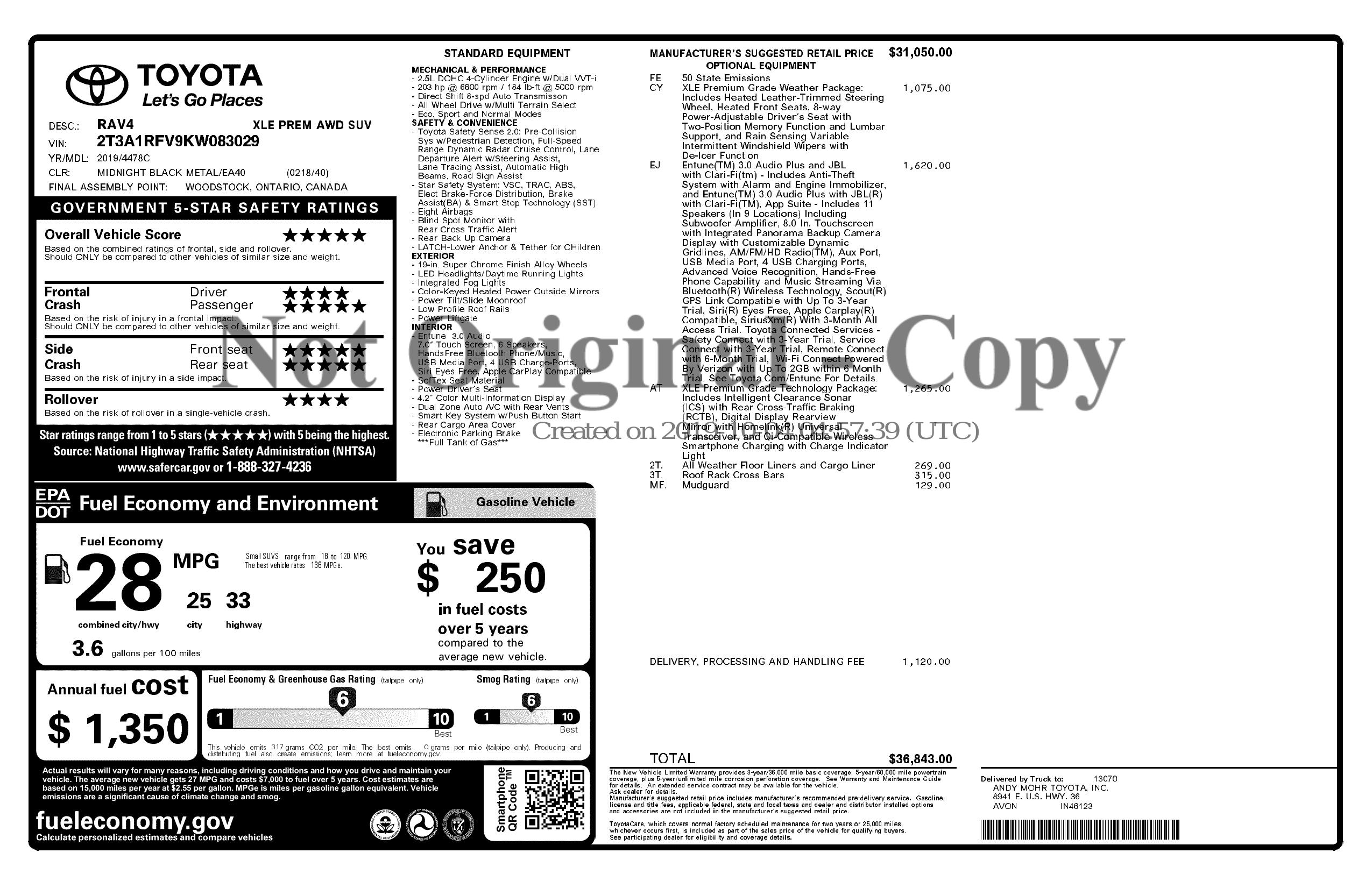 Window Sticker for 2019 Toyota Rav4 Xle Premium