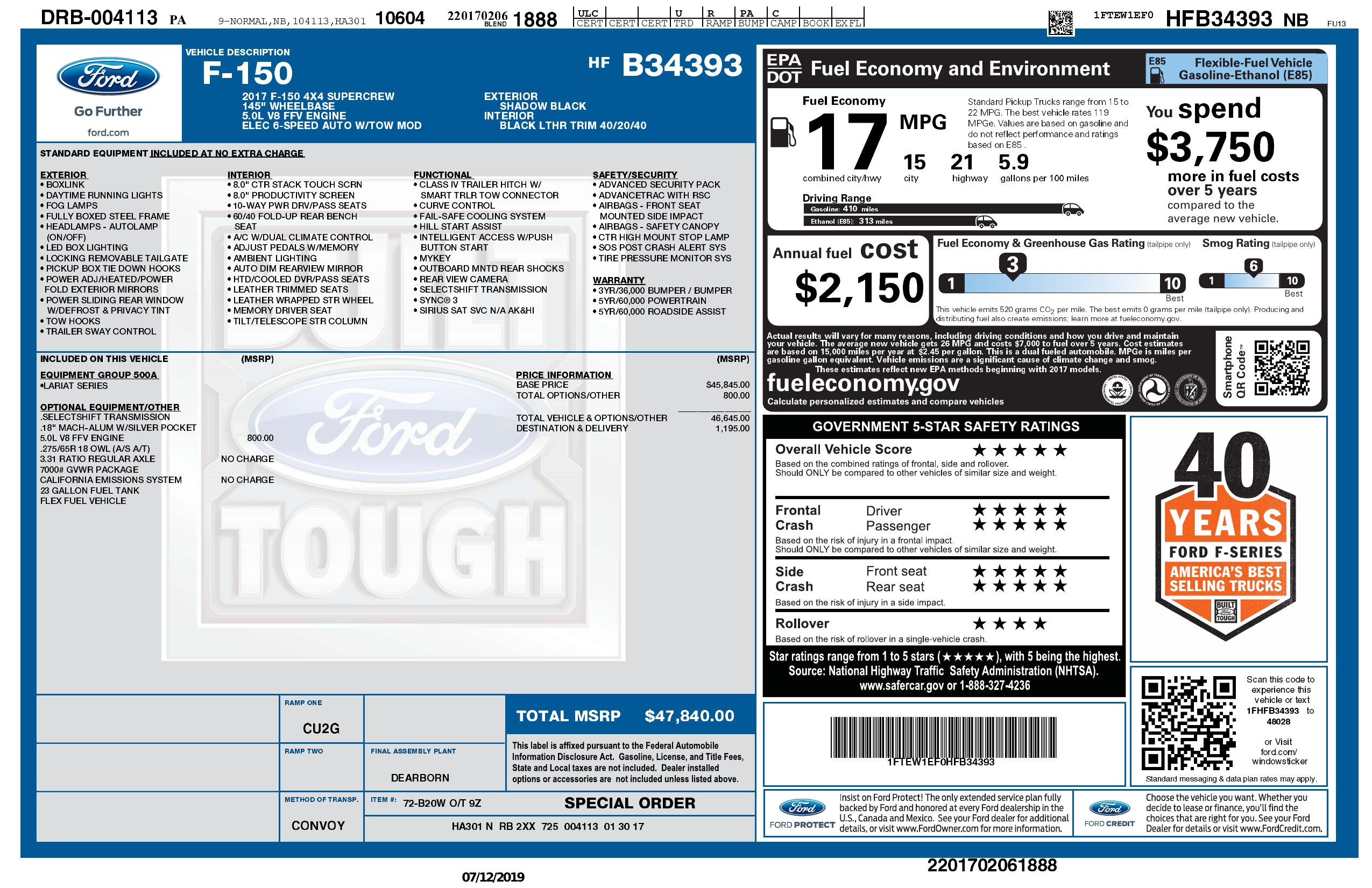 Window Sticker for 2017 Ford F 150 4 Wd Super Crew Box