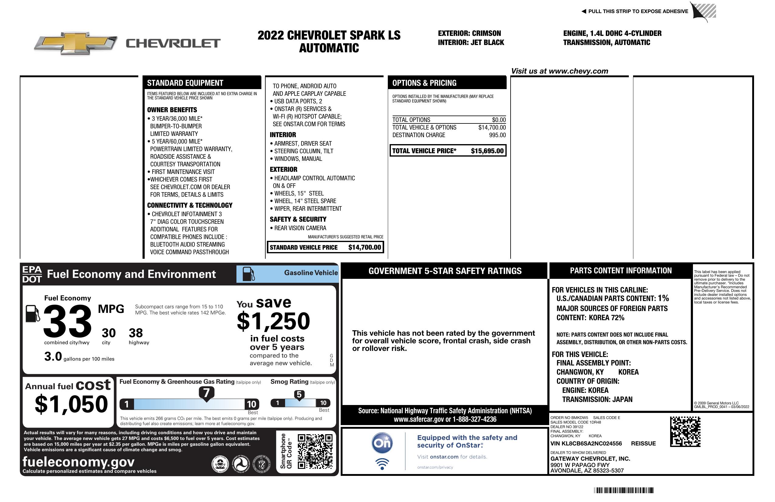 Window Sticker for 2022 Chevrolet Spark 4dr Hb Cvt Ls