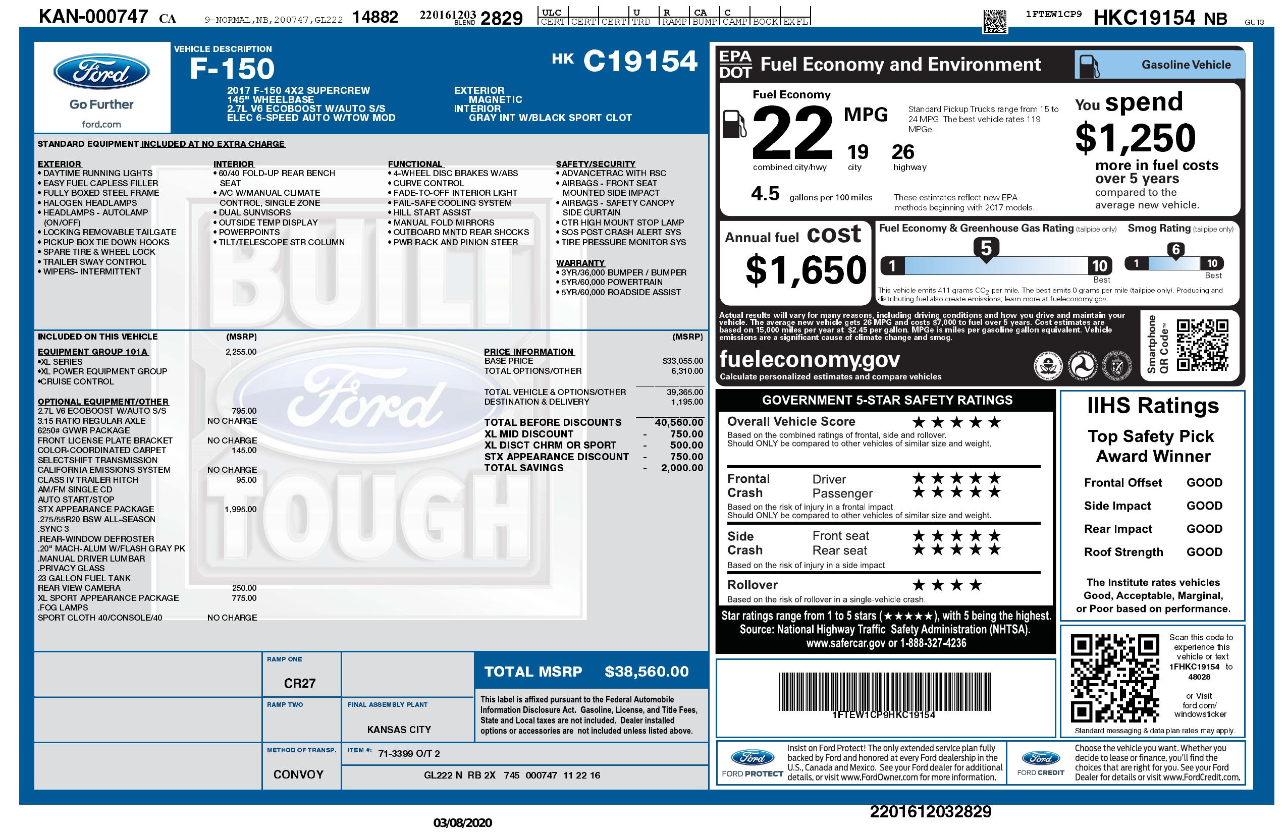 Window Sticker for 2017 Ford F 150 4x2 Xl 4dr Super Crew 5.5 Ft. Sb