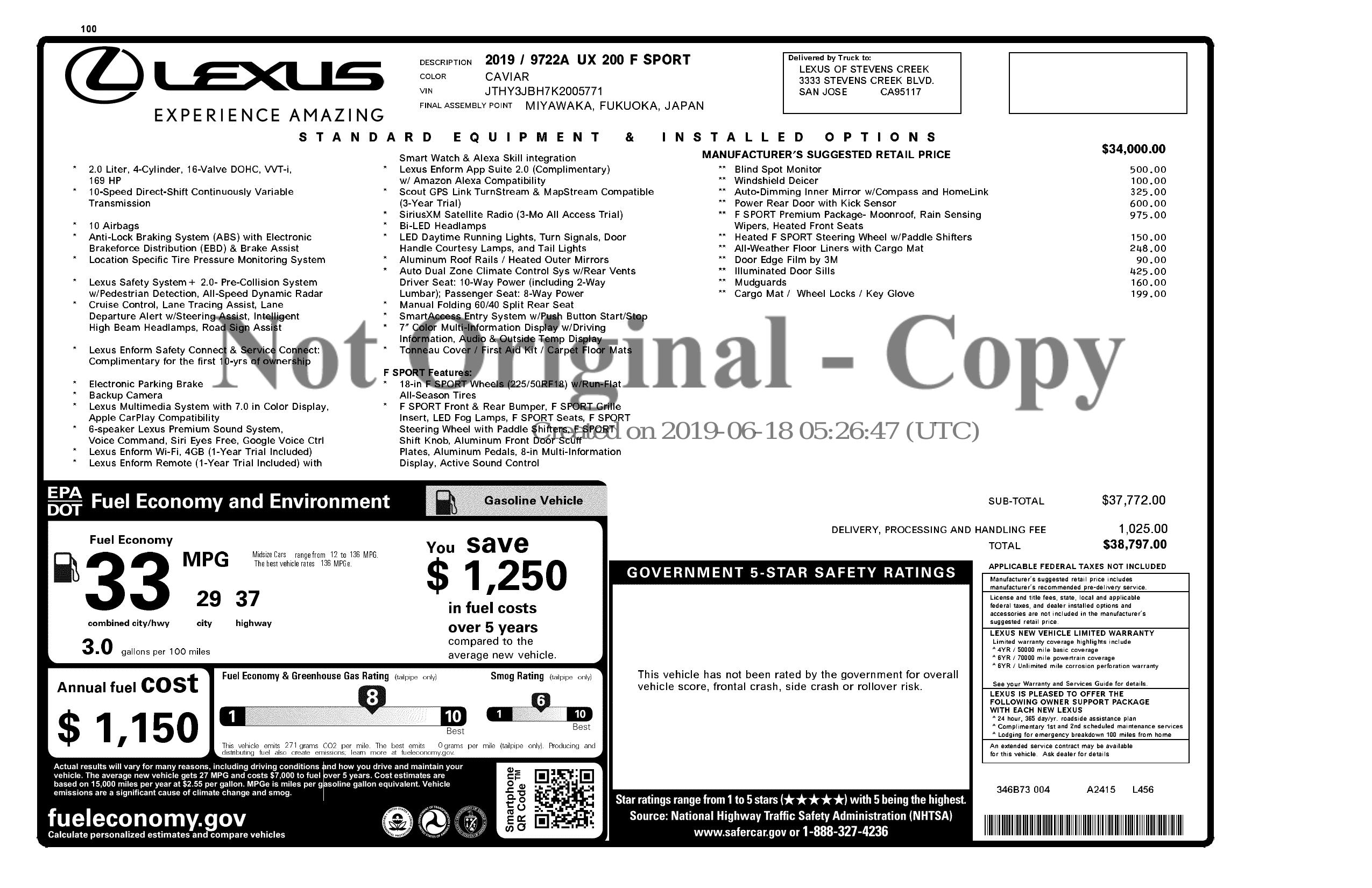 Window Sticker for 2019 Lexus Ux 200 Fwd