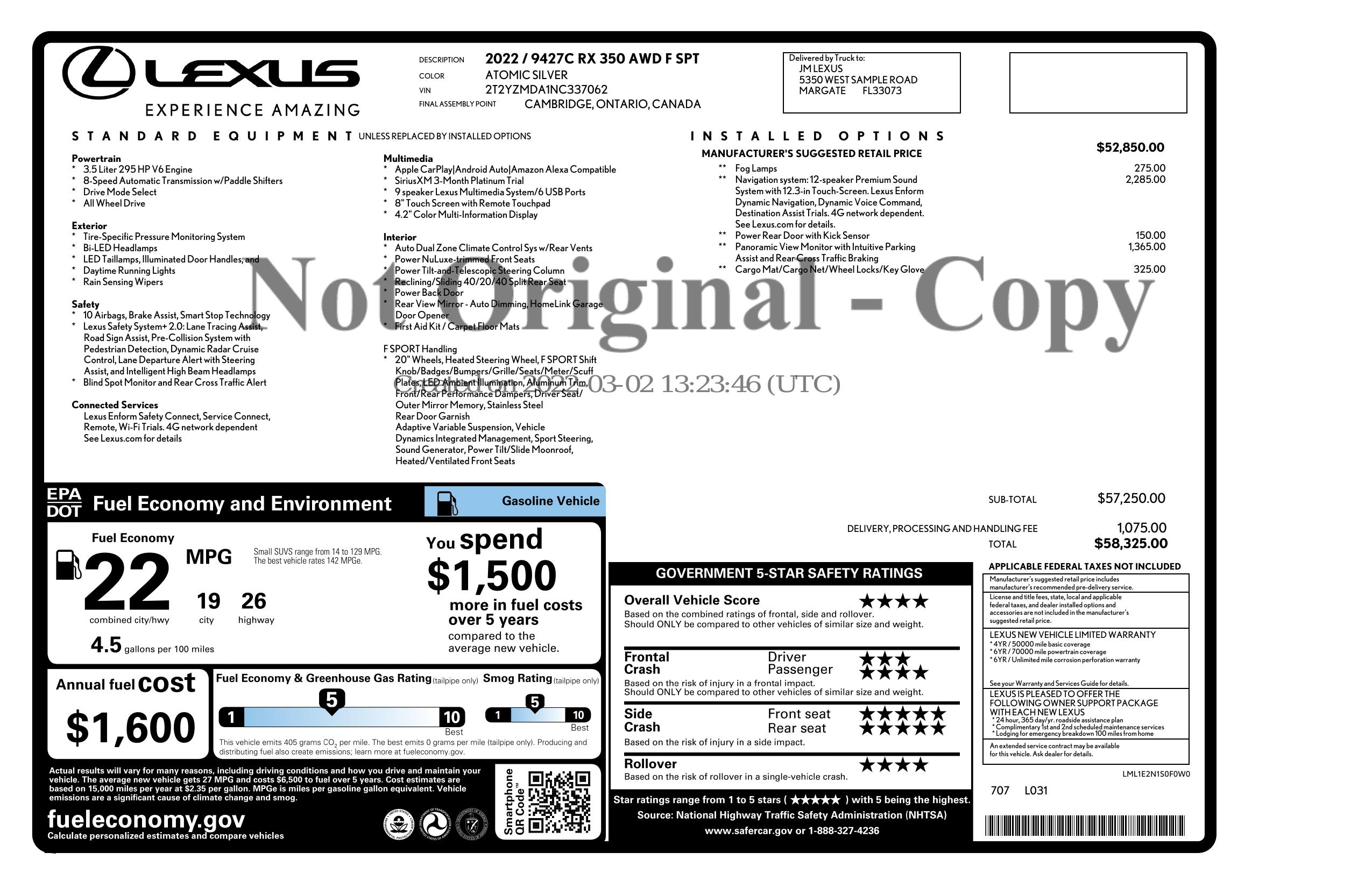 Window Sticker for 2022 Lexus Rx Rx 350 F Sport Handling Awd