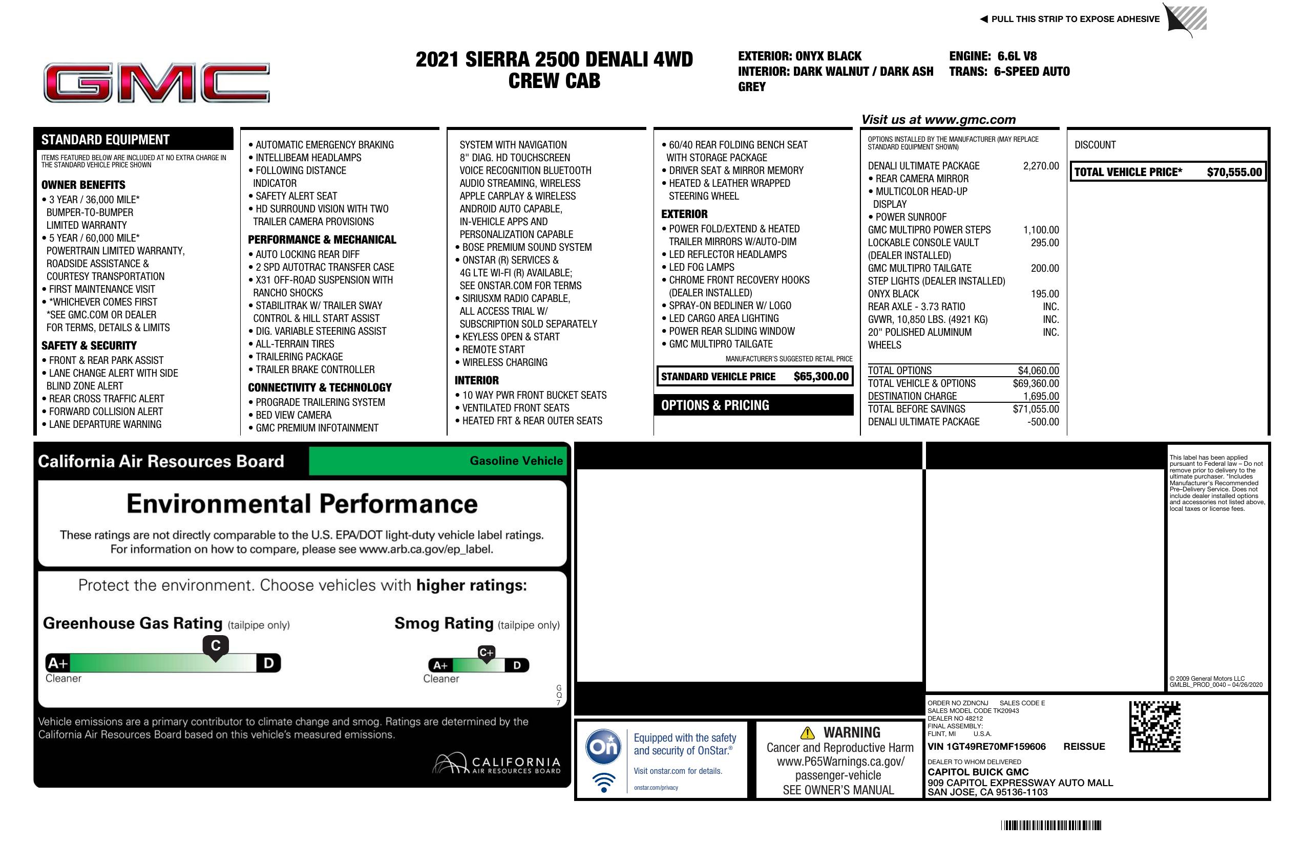 Window Sticker for 2021 GMC Sierra 2500 Hd 4 Wd Crew Cab 172" Denali