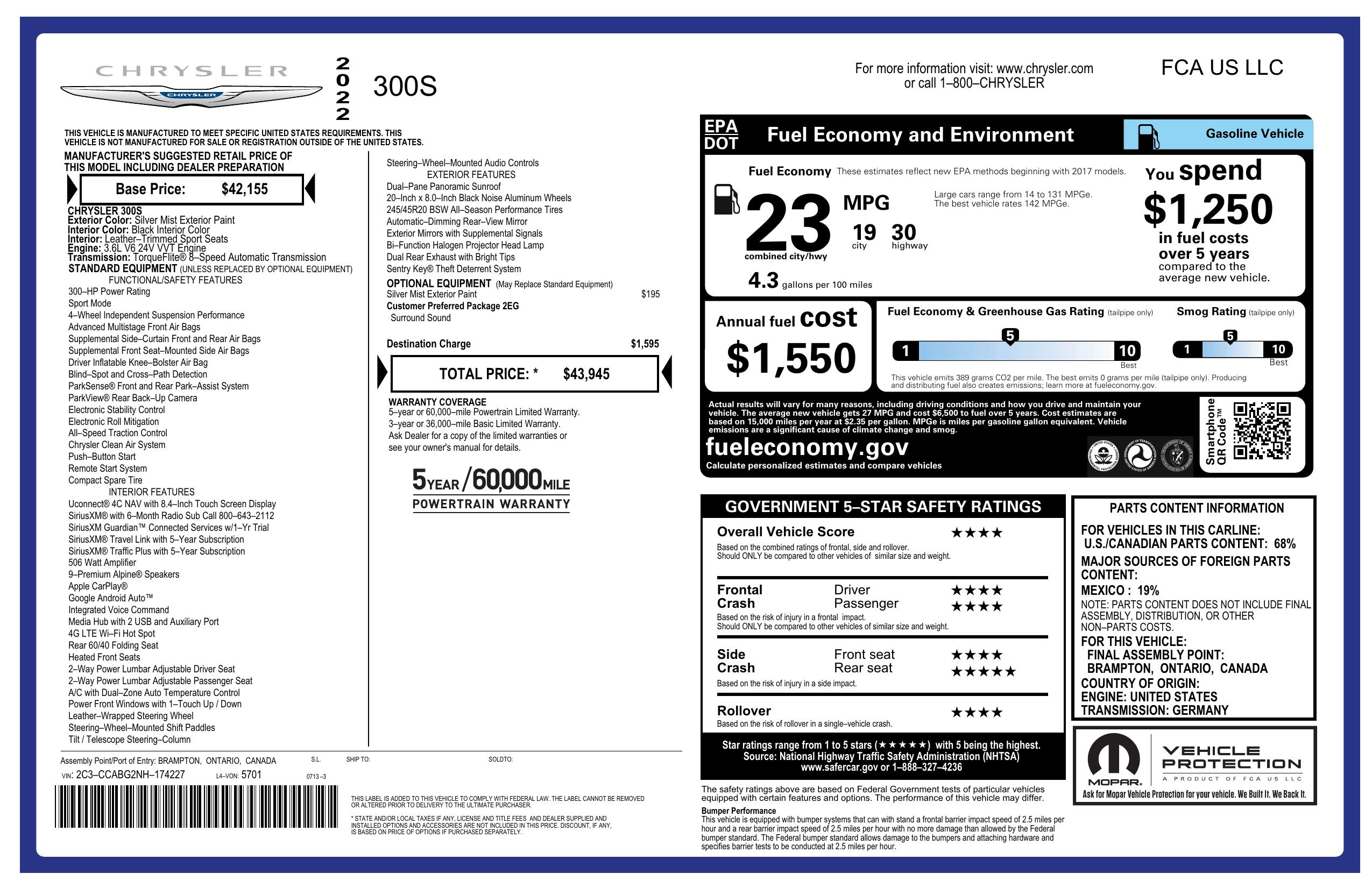 Window Sticker for 2022 Chrysler 300 300 S Rwd