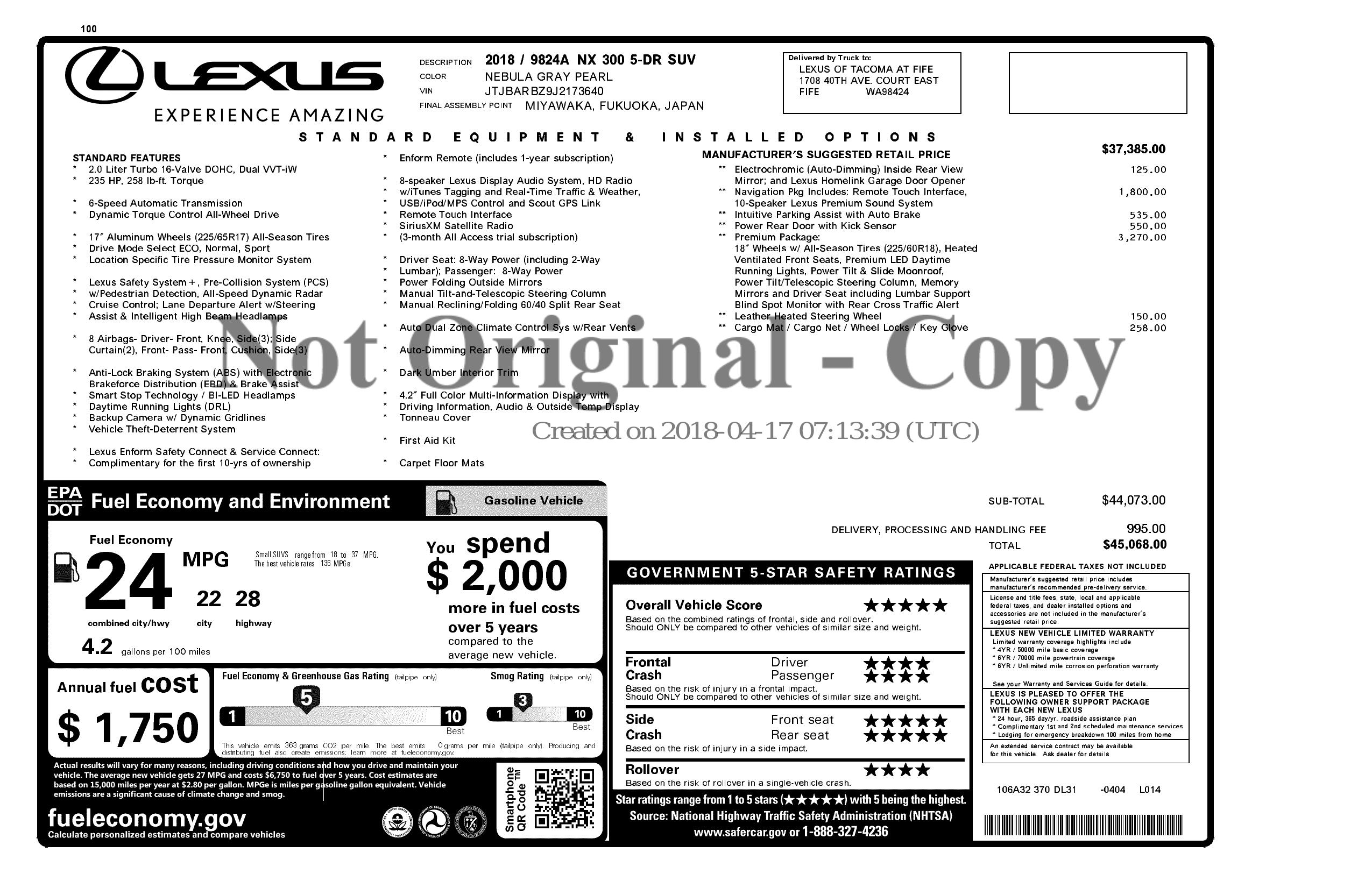 Window Sticker for 2018 Lexus Nx 300 Awd