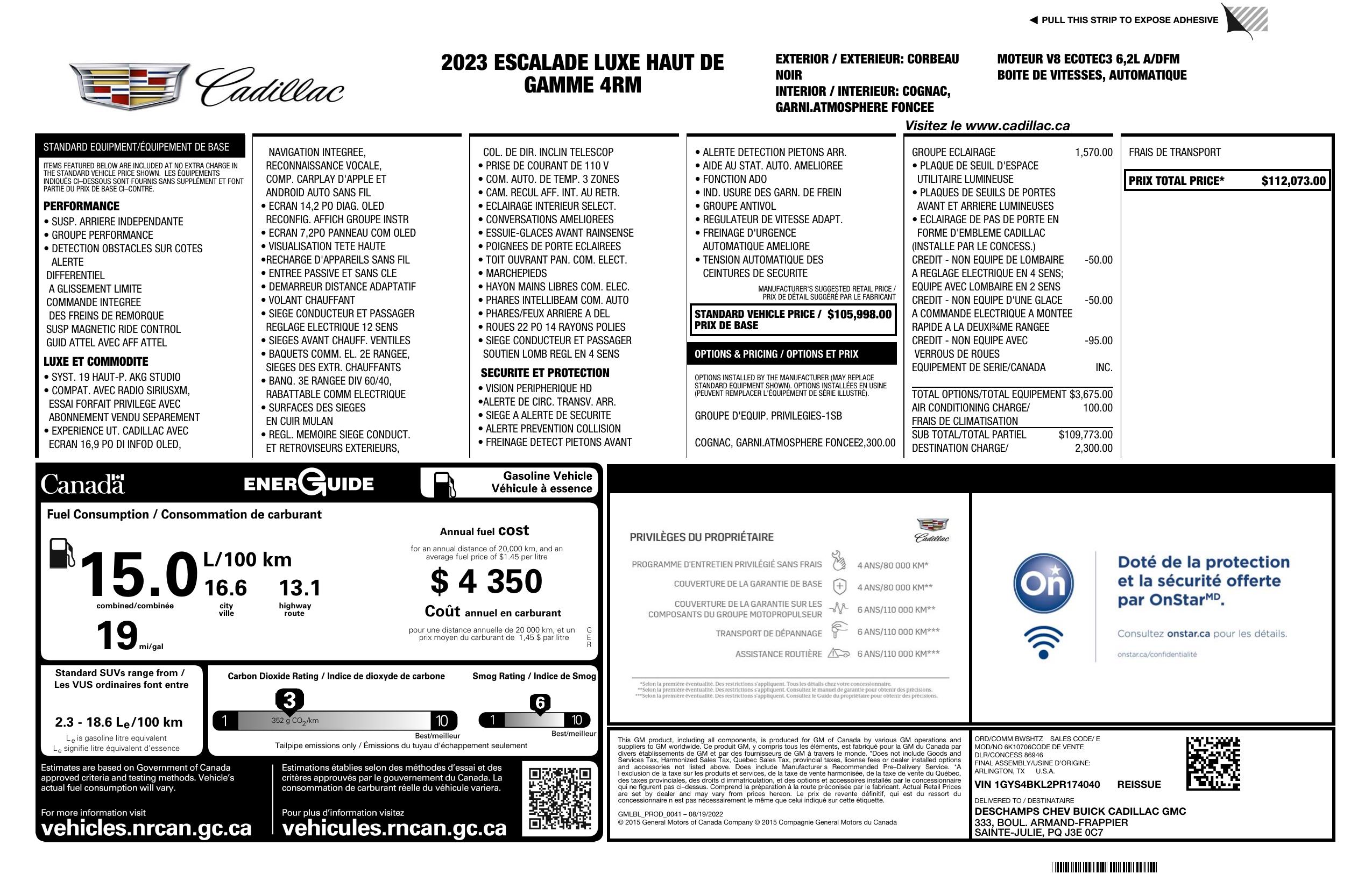 Window Sticker for 2023 Cadillac Escalade 4 Wd 4dr Premium Luxury